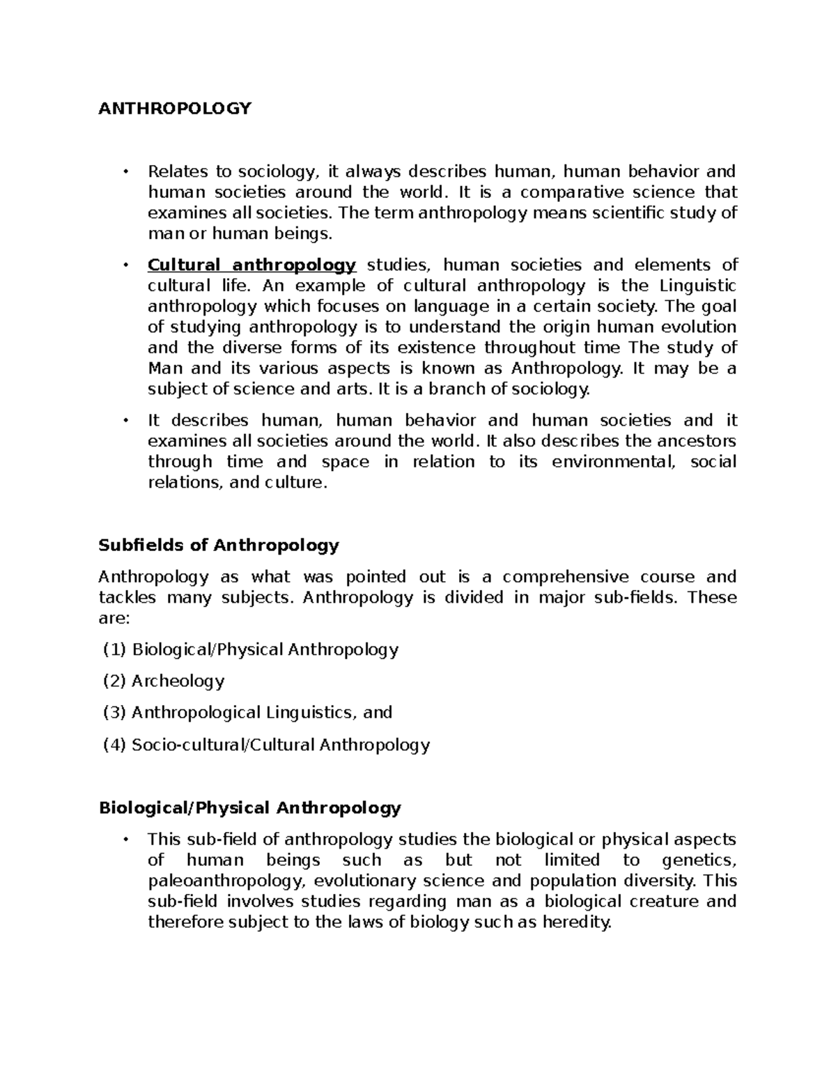 UCSP Reviewer Grade 12 - ANTHROPOLOGY Relates to sociology, it always ...