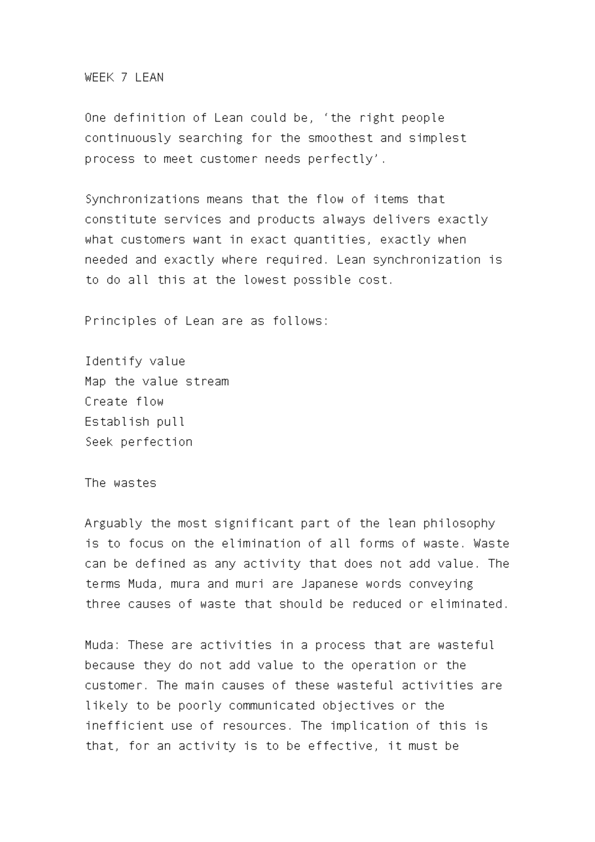 WEEK 7 LEAN - lean management - WEEK 7 LEAN One definition of Lean ...