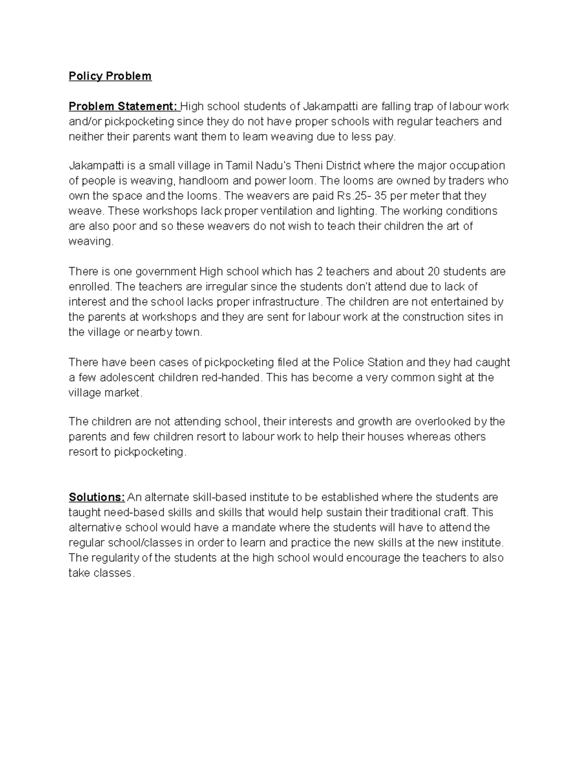 Problem Statement - Policy Problem Problem Statement: High school ...