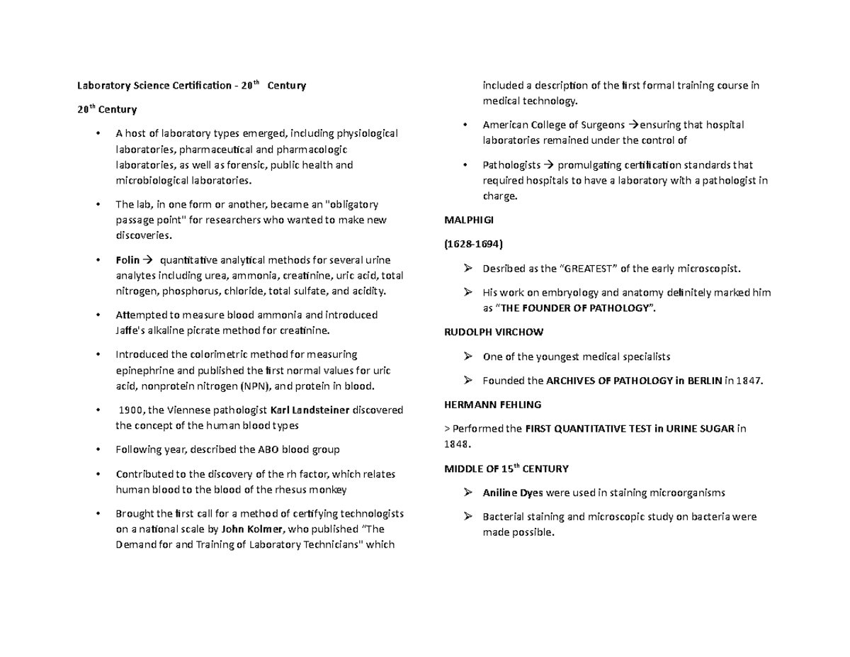 Laboratory Science Certification - 20TH Century - Laboratory Science ...