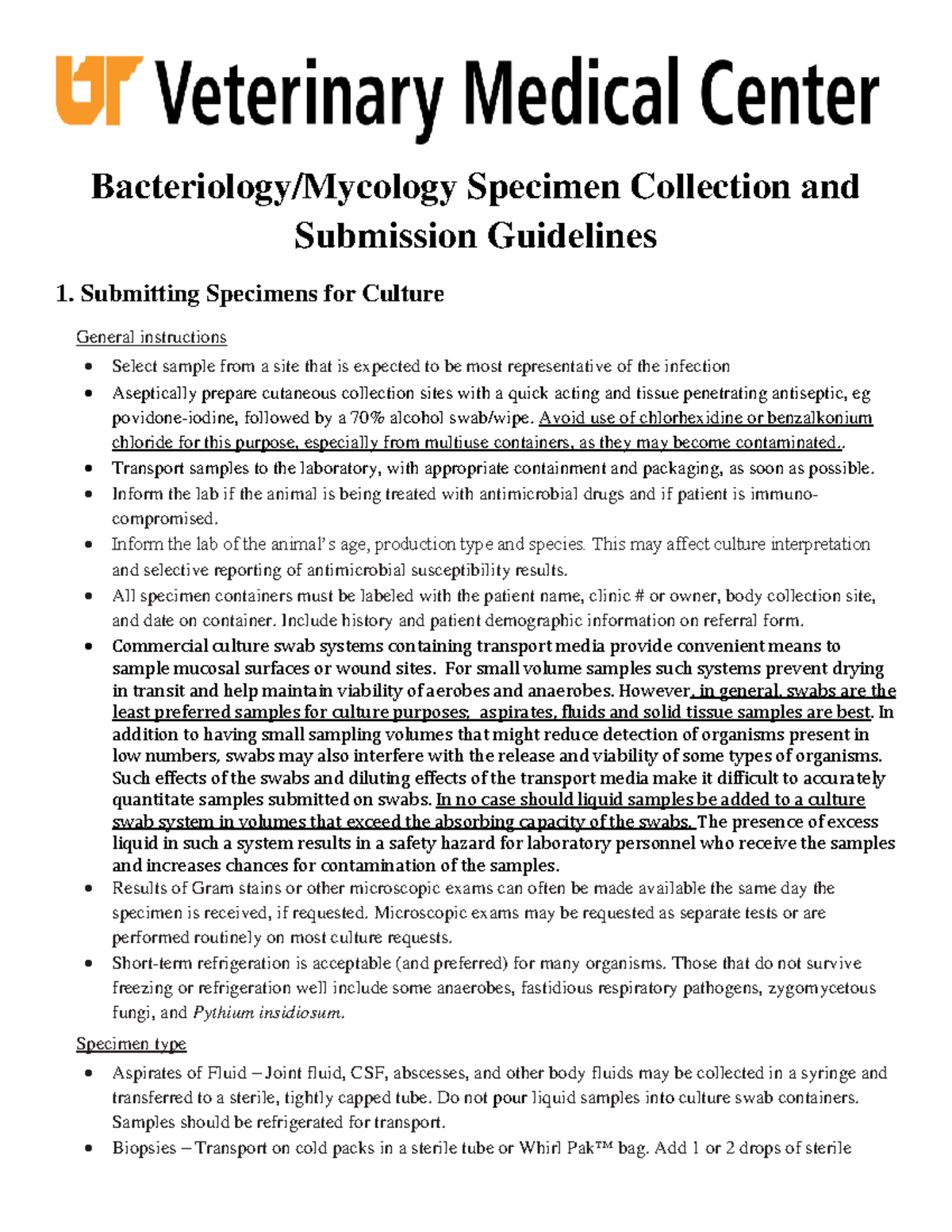 Sample collection and submission guidelines - Bacteriology/Mycology ...