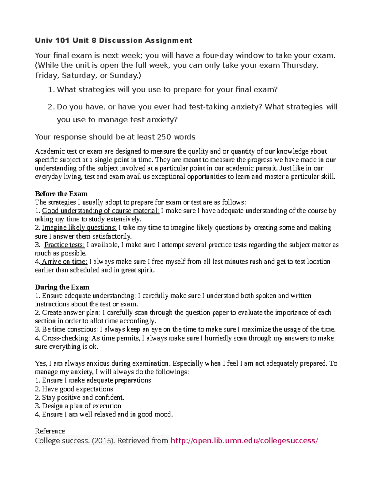 Univ 101 Unit 8 Discussion Assignment - Univ 101 Unit 8 Discussion ...