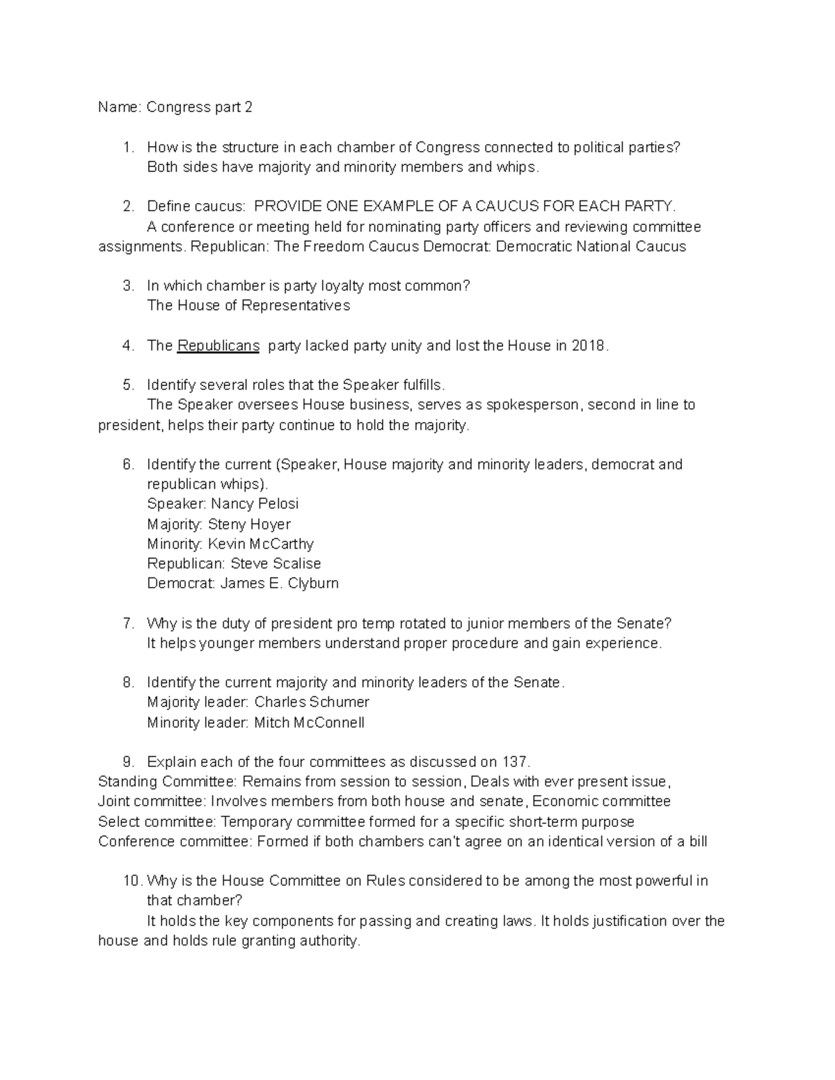 Congress chapter 6 part 2 - Name: Congress part 2 How is the structure ...