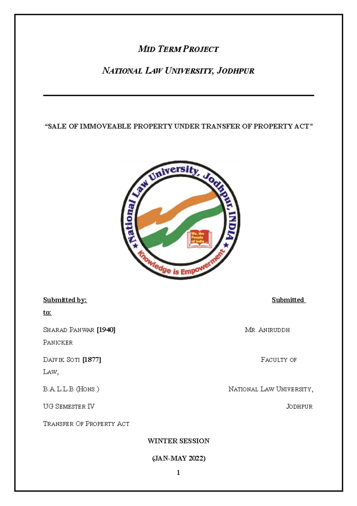 Mid term project - lecture Notes - MID TERM PROJECT NATIONAL LAW ...