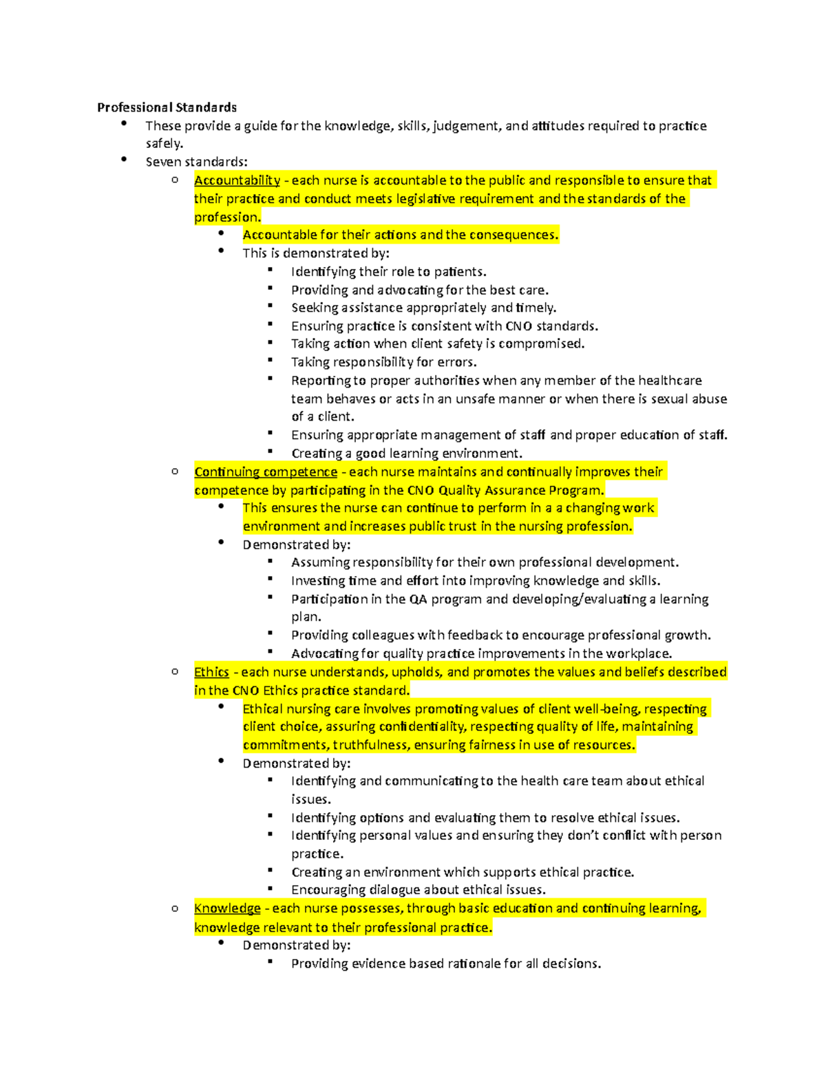 NURS 101 Midterm Notes - Professional Standards These provide a guide ...