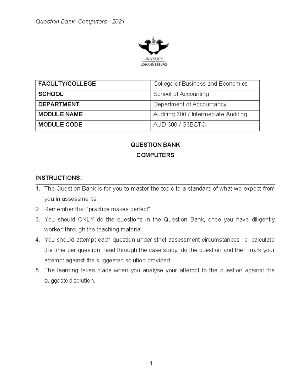 Computers Question Bank - FACULTY/COLLEGE College of Business and ...