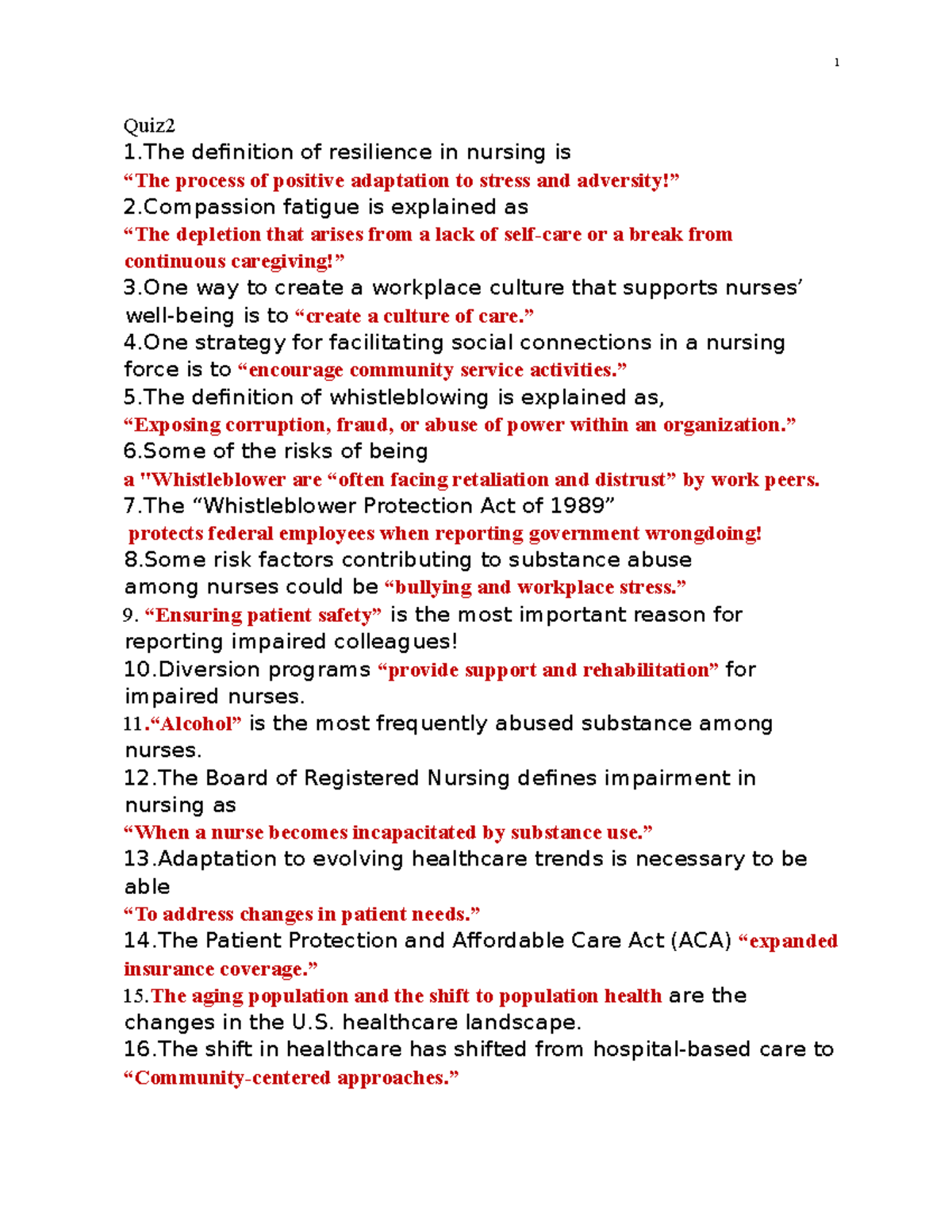 Quiz 2 professoinal nurses - 1 Quiz 1 definition of resilience in ...