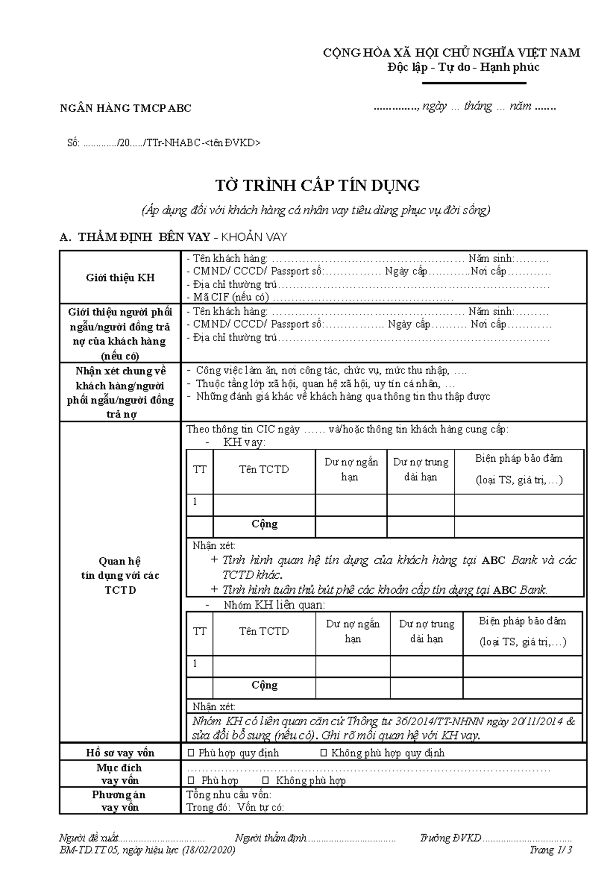 To trinh cap tin dung - Ca nhan vay tieu dung - NGÂN HÀNG TMCP ABC TỜ TRÌNH CẤP TÍN DỤNG (Áp ...
