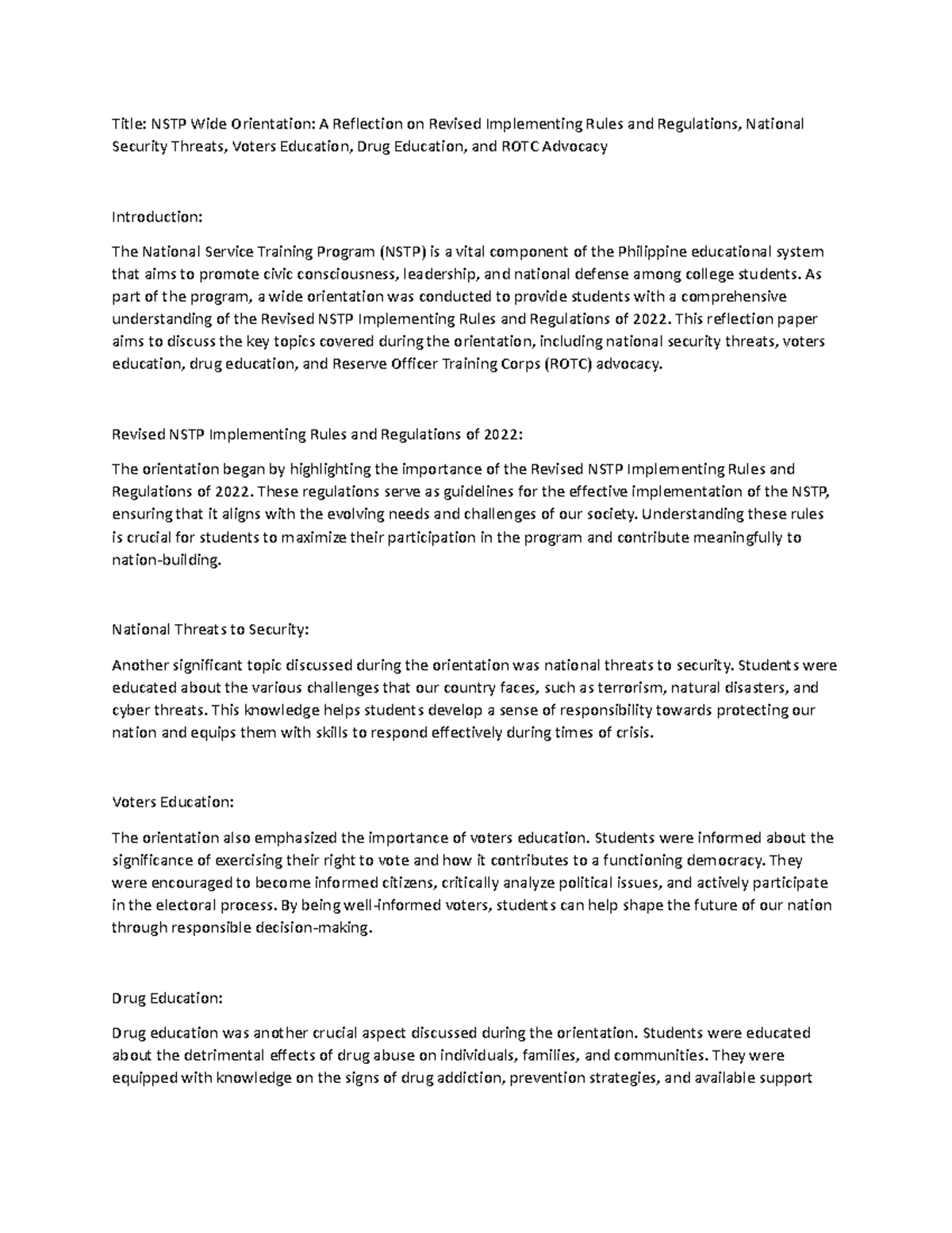 Document - Essay - Title: NSTP Wide Orientation: A Reflection on ...