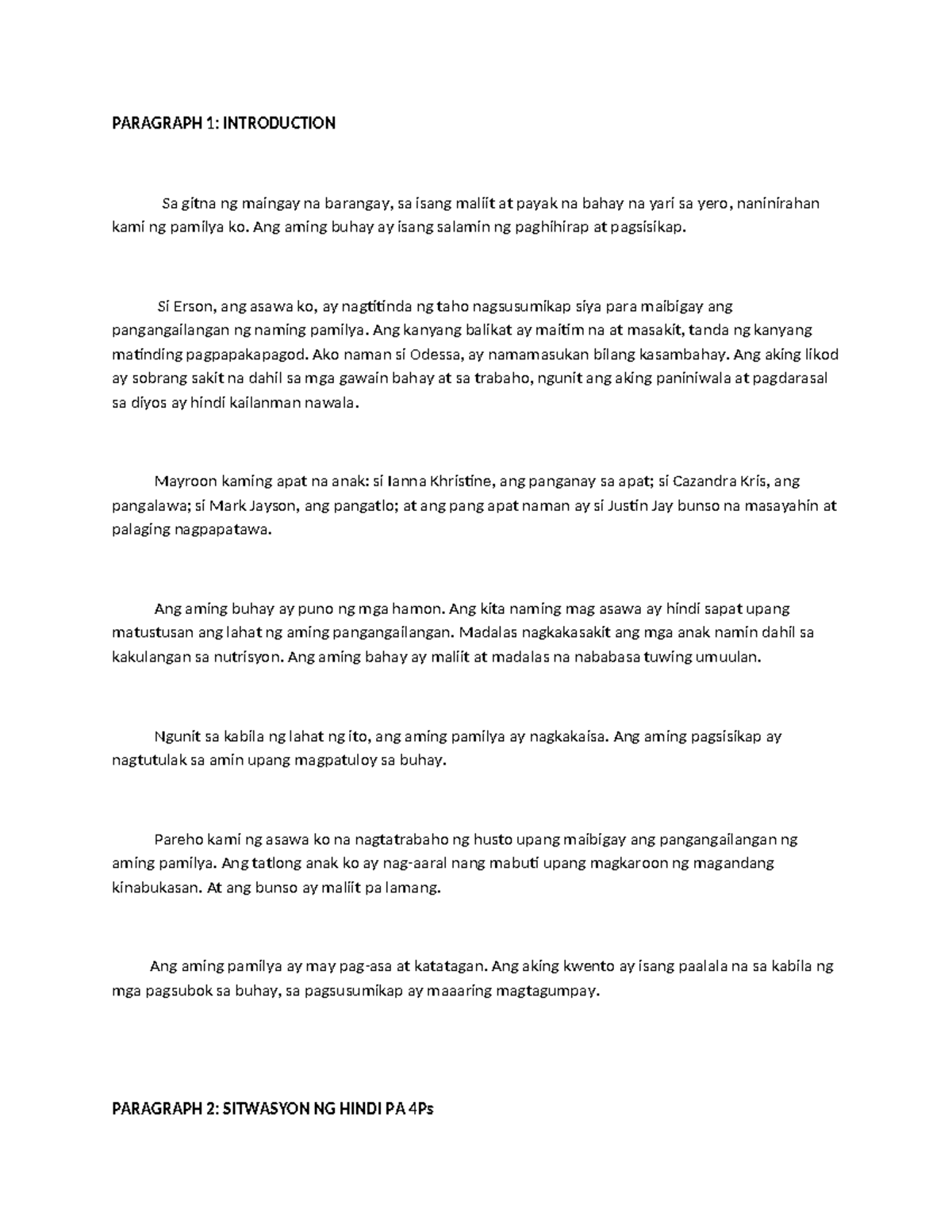 Project 2k24 - essay - PARAGRAPH 1: INTRODUCTION Sa gitna ng maingay na barangay, sa isang ...