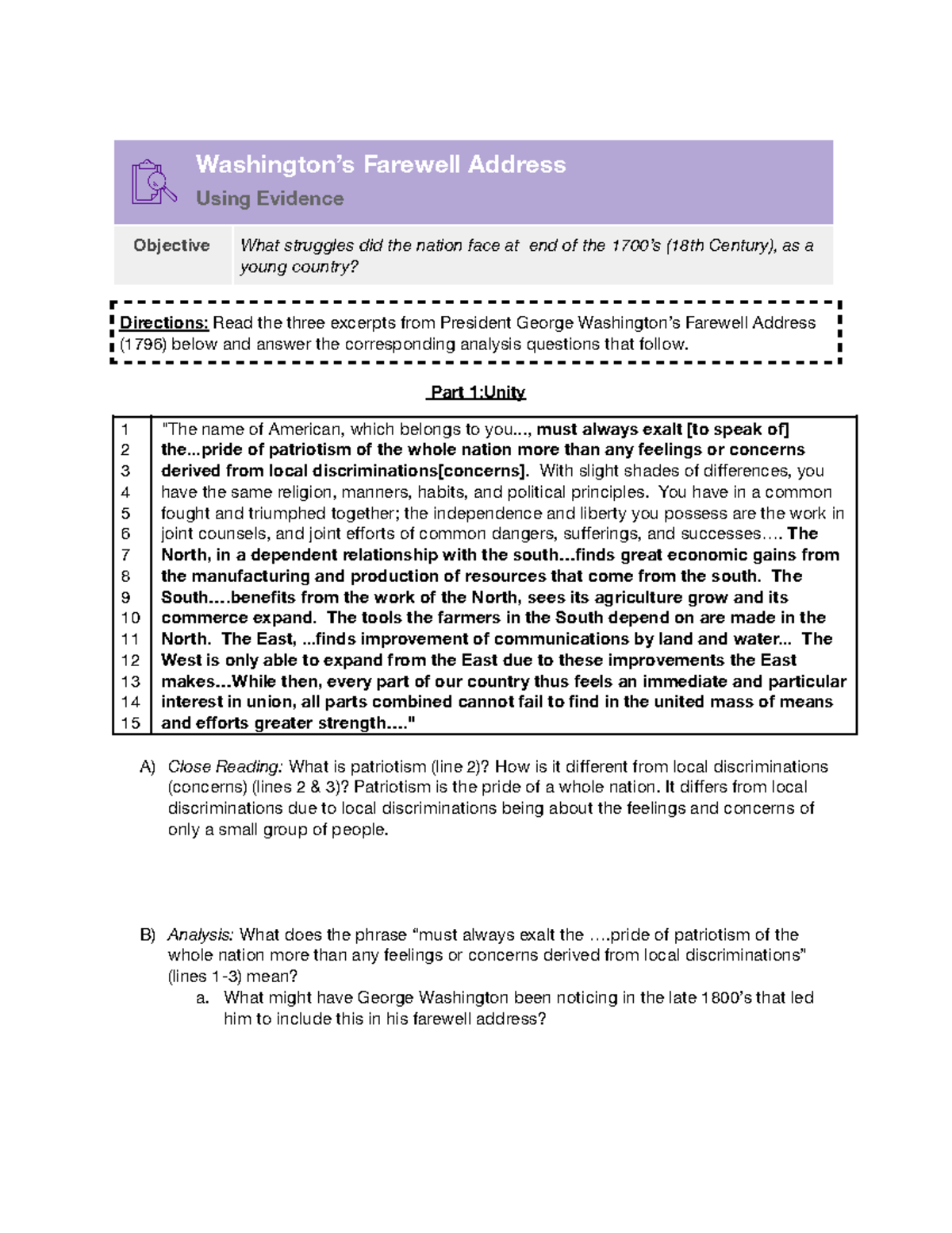 Hezekiah Dawkins - ( English)Using Evidence: Washington Farewell ...