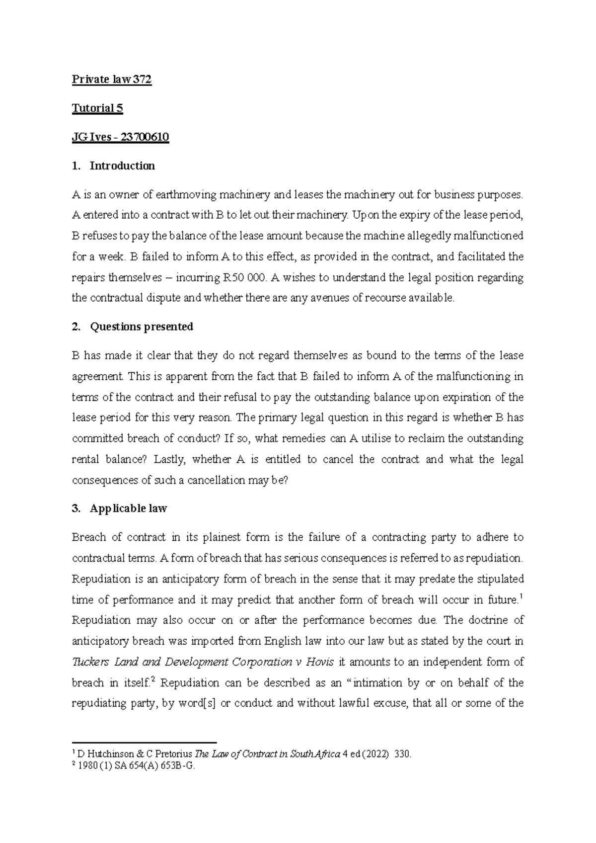 PL 372 Tutorial 5 23700610 - Private law 372 Tutorial 5 JG Ives ...