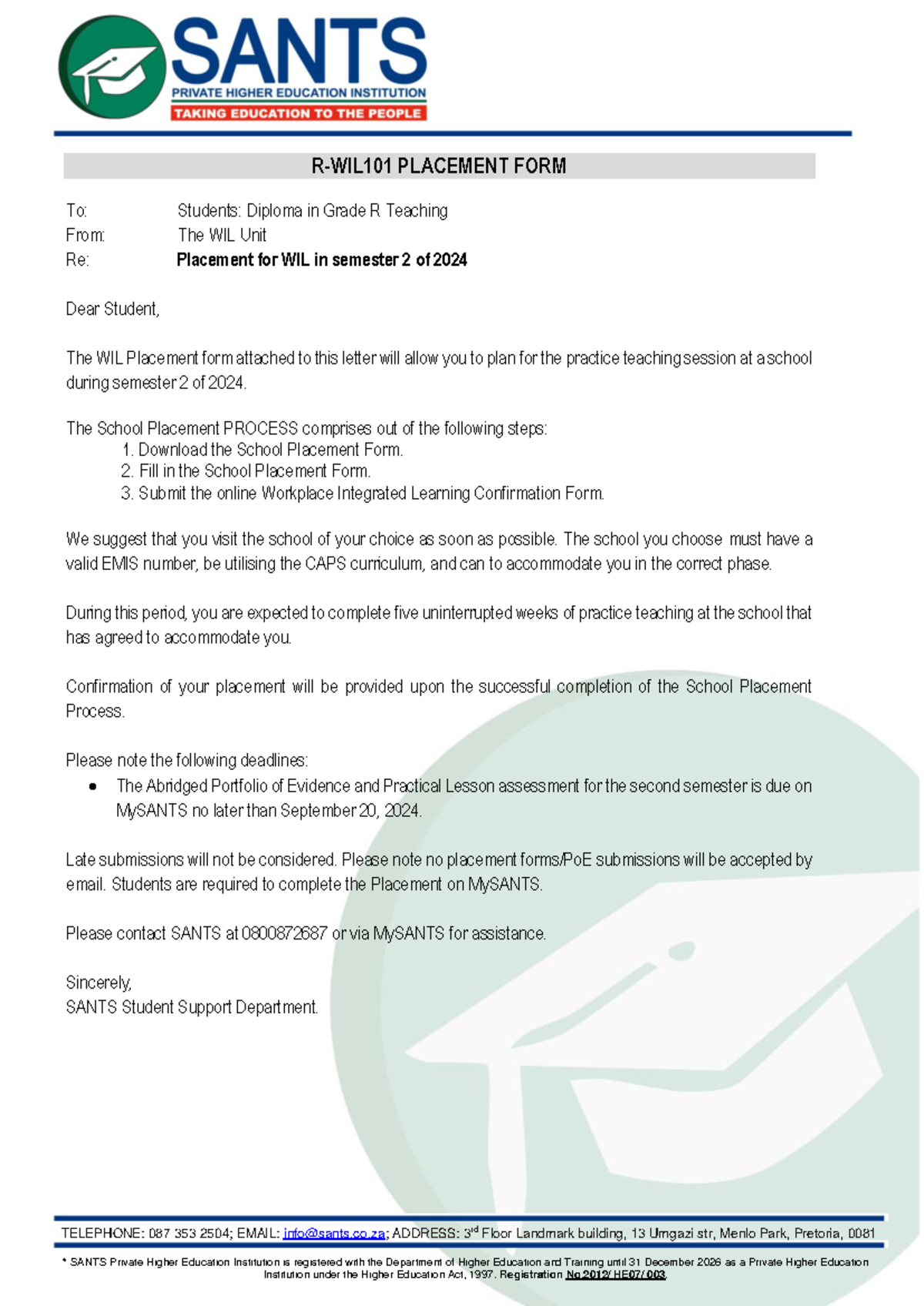 R WIL101 Placement FORM – S2 - TELEPHONE: 087 353 25 04 ; EMAIL: info@sants.co; ADDRESS: 3rd ...