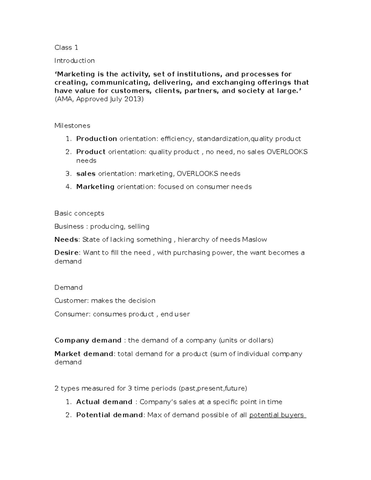 Intro to marketing-Class 1 - Class 1 Introduction ‘Marketing is the ...