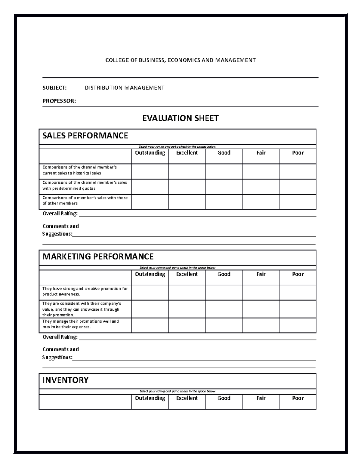 Distrib - Example of evaluation sheet for channel manager - COLLEGE OF ...