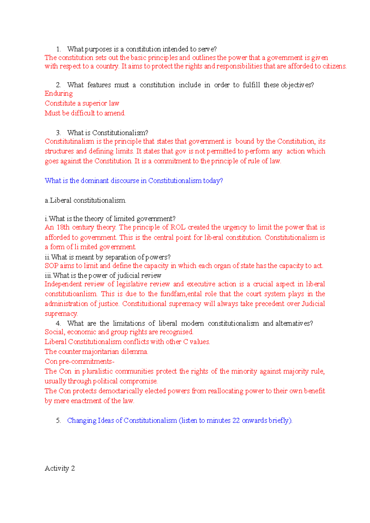 Con law worksheet 1 - What purposes is a constitution intended to serve ...