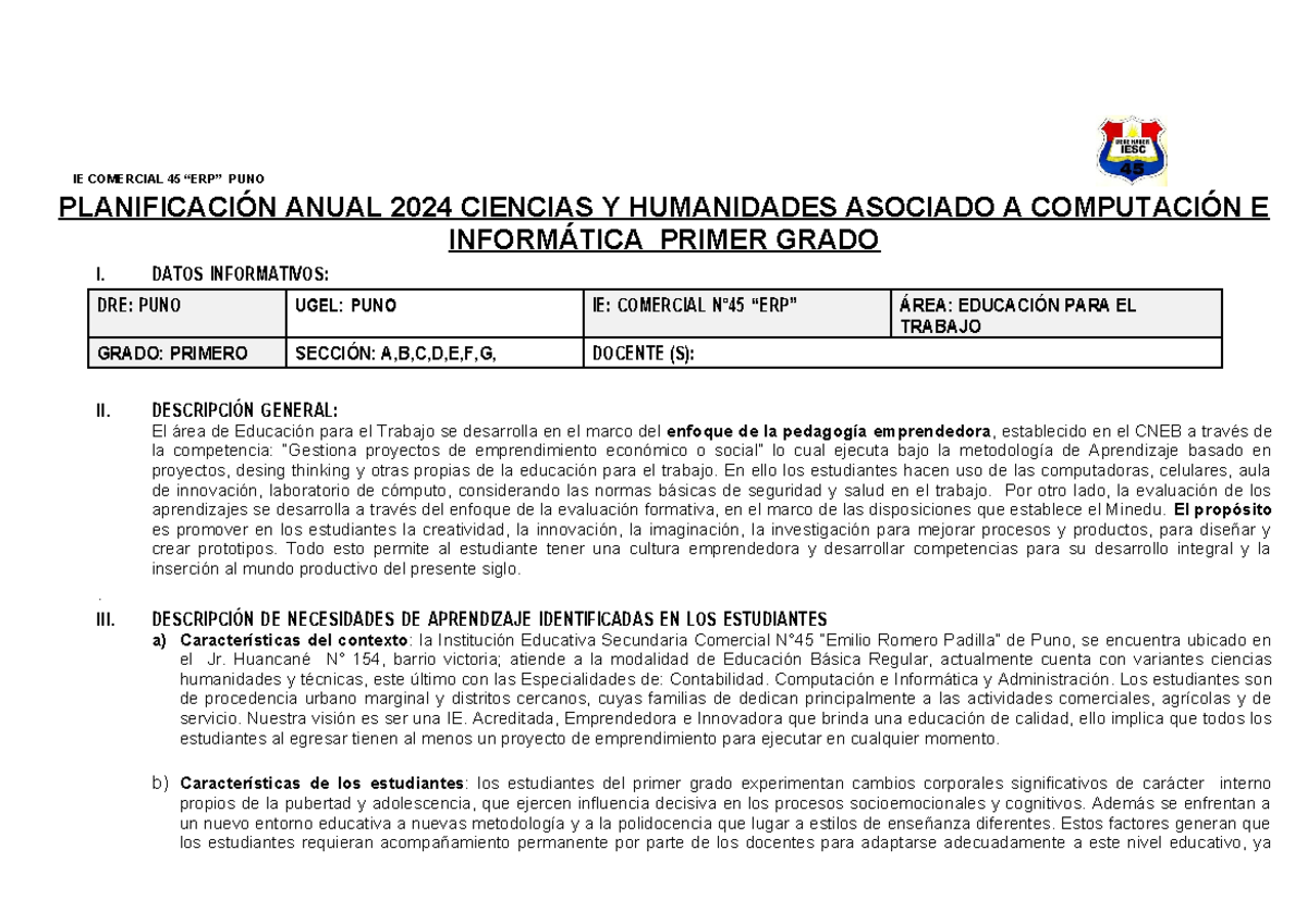 1.2 Planificación Anual EPT 1° CH 2024. - IE COMERCIAL 45 “ERP” PUNO PLANIFICACIÓN ANUAL 2024 ...