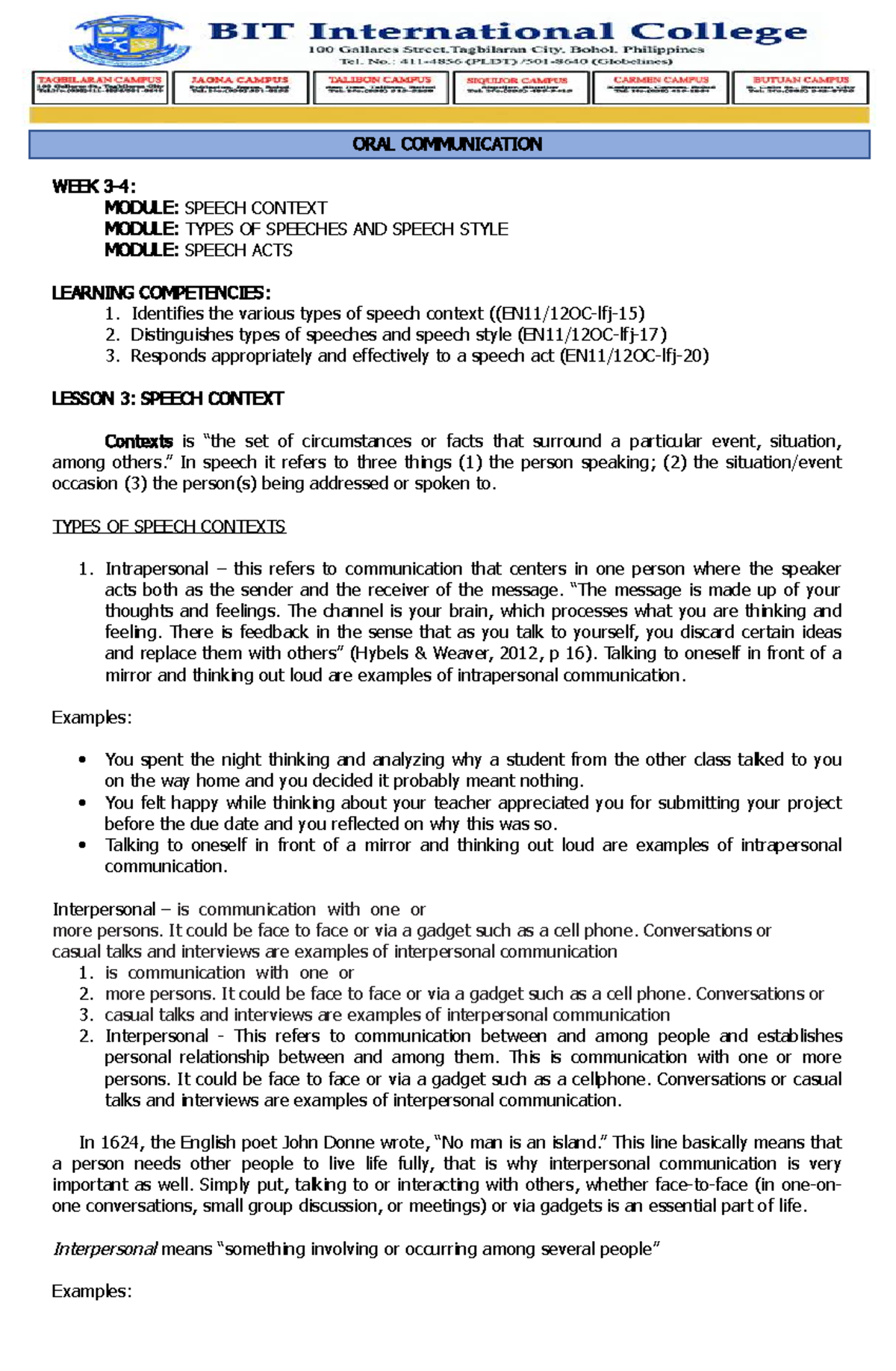 WEEK-3-4 - Important - ORAL COMMUNICATION WEEK 3-4: MODULE: SPEECH ...