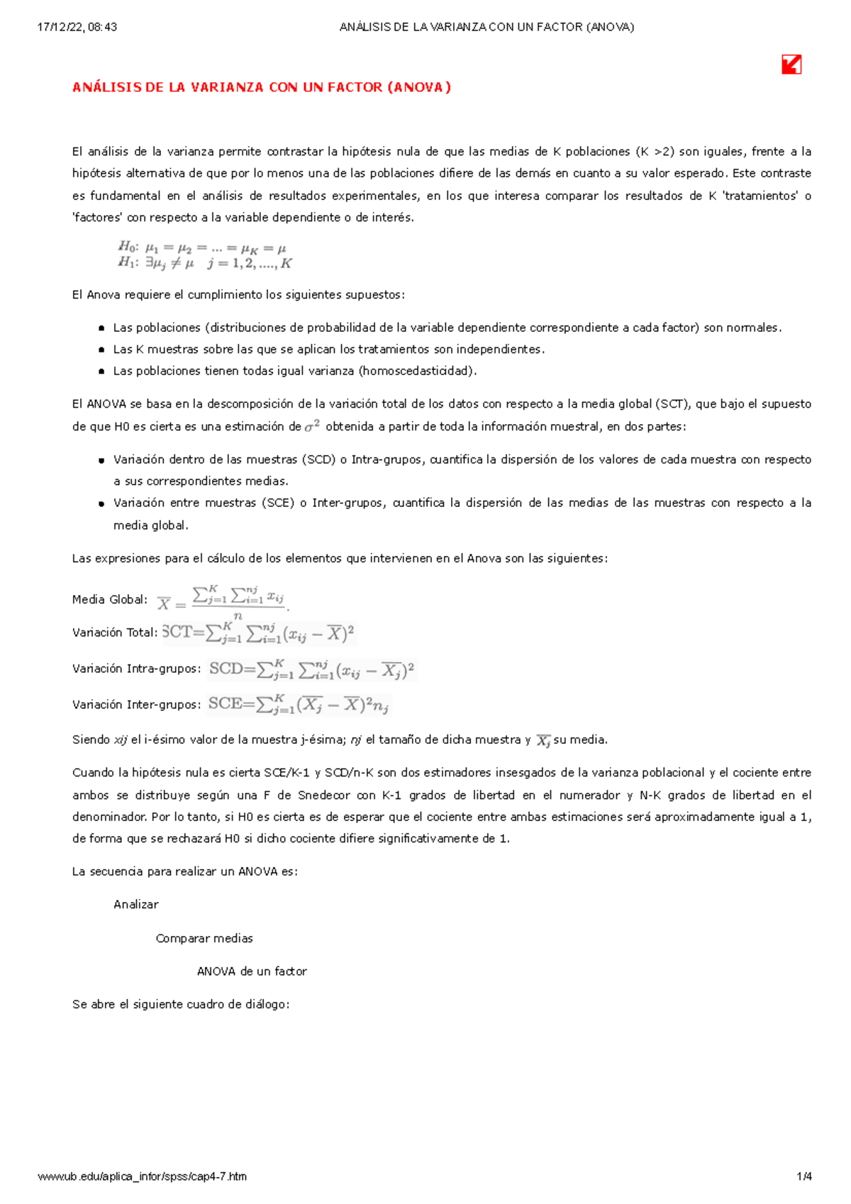 Análisis DE LA Varianza CON UN Factor ( Anova) - ANÁLISIS DE LA VARIANZA CON UN FACTOR (ANOVA ...