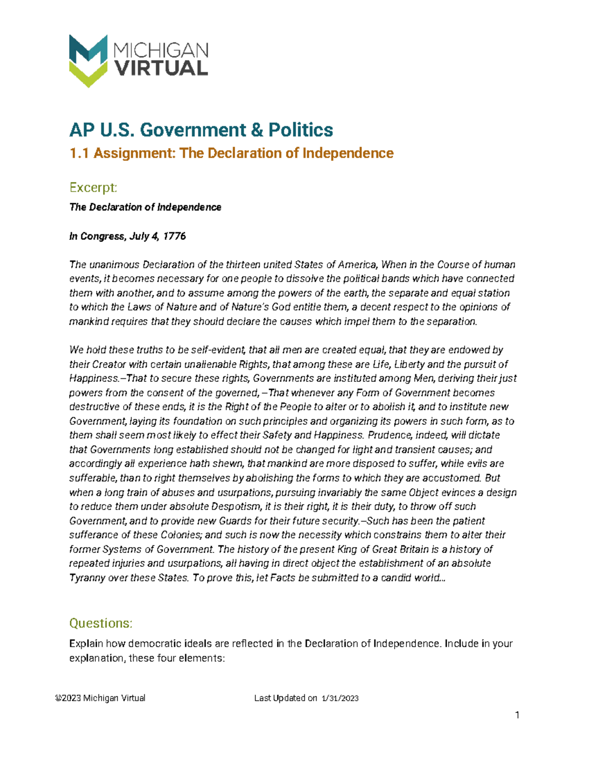 1.1 Assignment Sheet - AP U. Government & Politics 1 Assignment: The ...