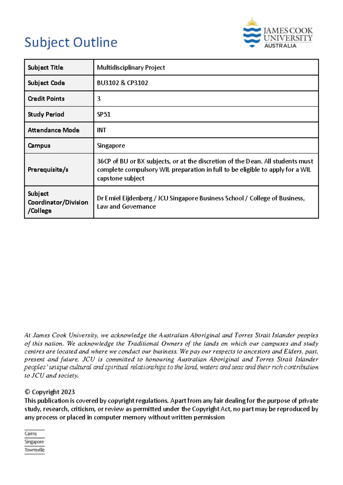 Subject Outline 2024 BU3102 SIN SP51 INT - Subject Outline Subject ...
