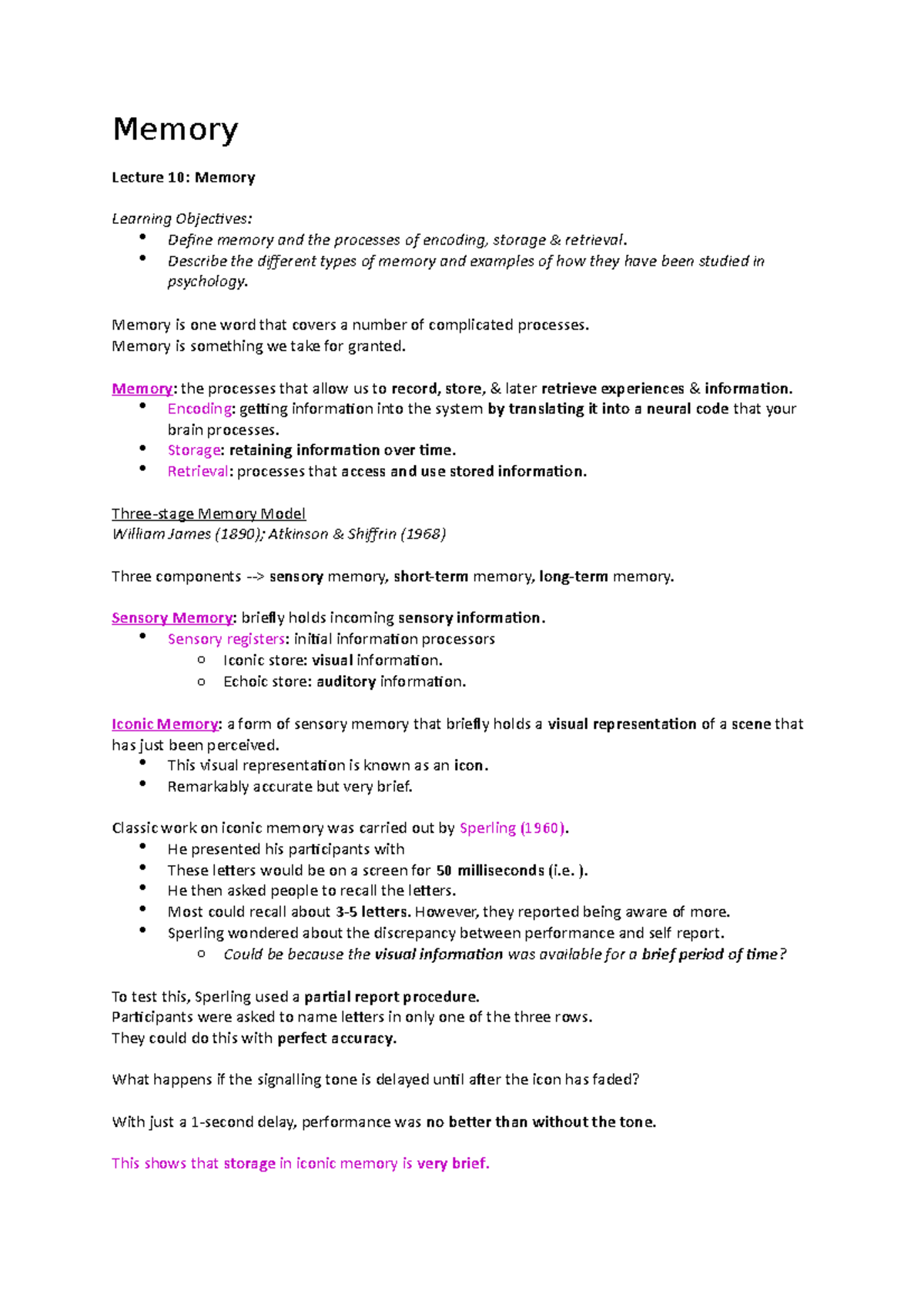 Memory Mind And Behaviour Lecture Notes Memory Lecture 10 Memory Learning Objectives