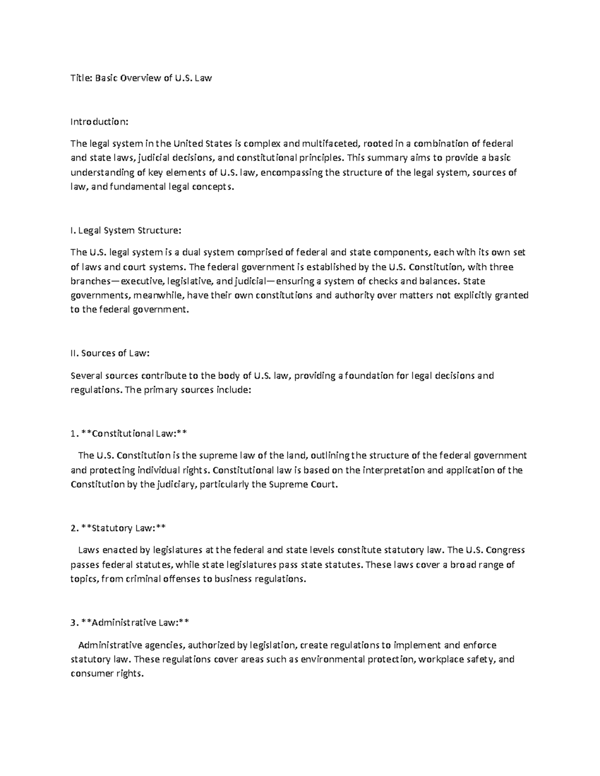 Basic law - Title: Basic Overview of U. Law Introduction: The legal ...