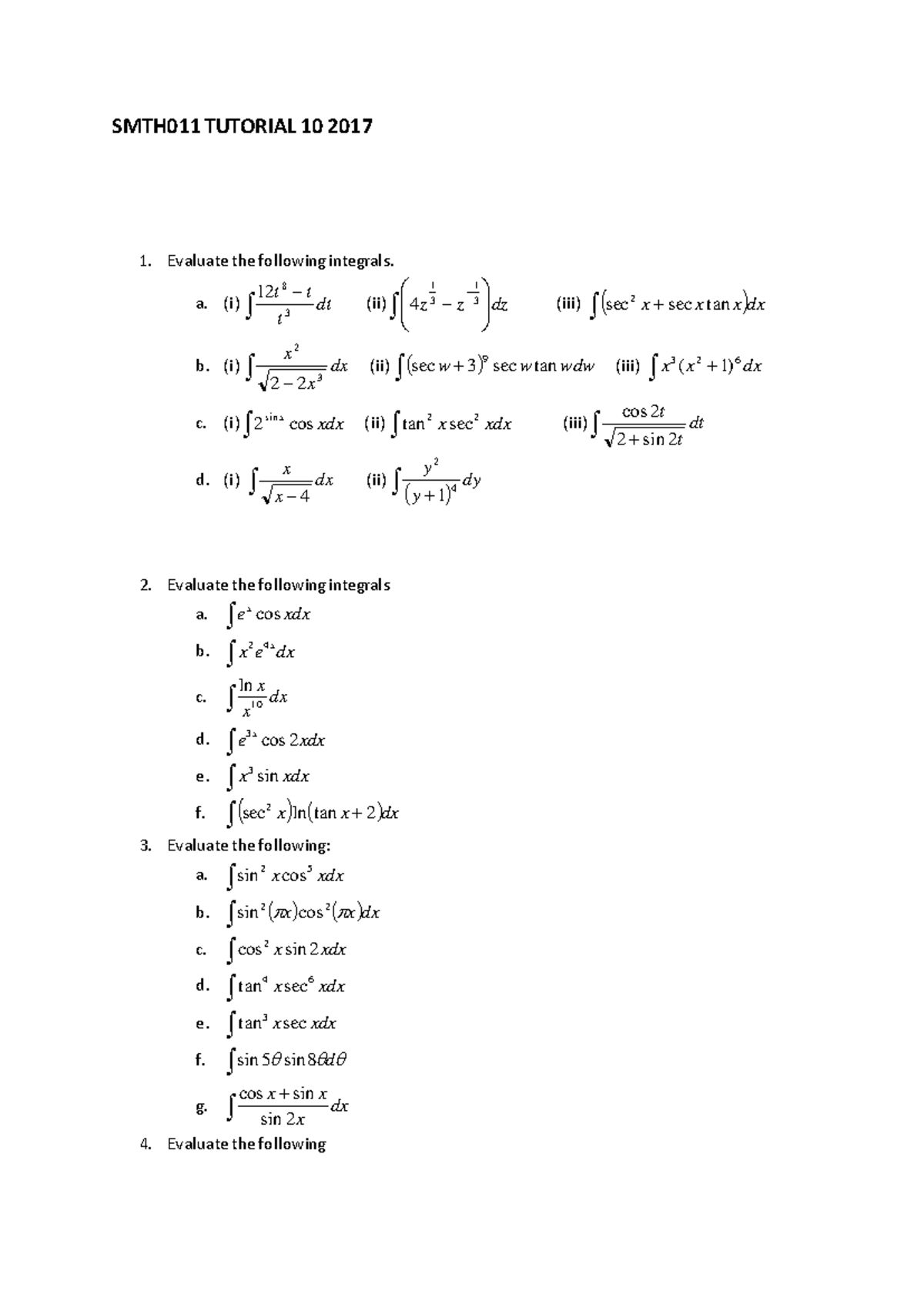 SMTH011 Tutorial 10 2017 - SMTH011 TUTORIAL 10 2017 Evaluate the ...
