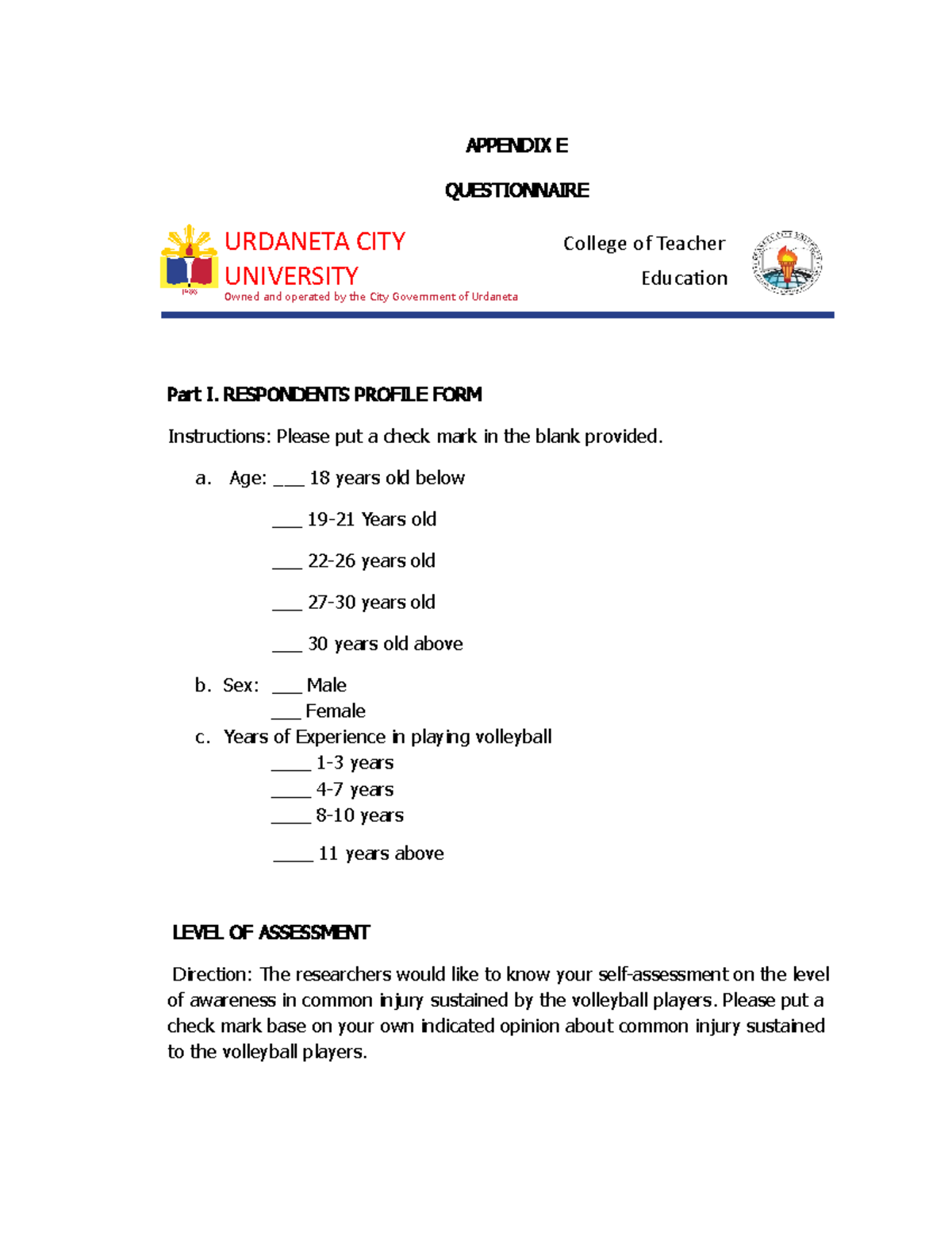 Appendix-final - help - APPENDIX E QUESTIONNAIRE URDANETA CITY College ...