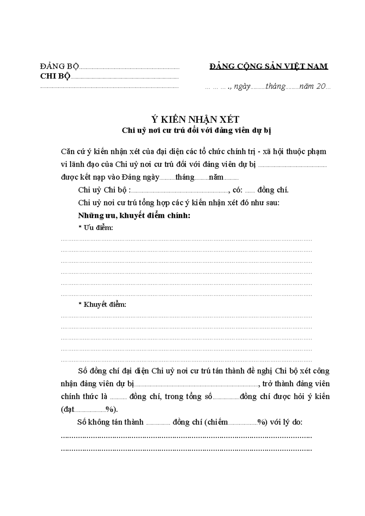 Mau-12b knd-nhan-xet-cua-chi-uy-noi-cu-tru dv-du-bi - ĐẢNG - Studocu