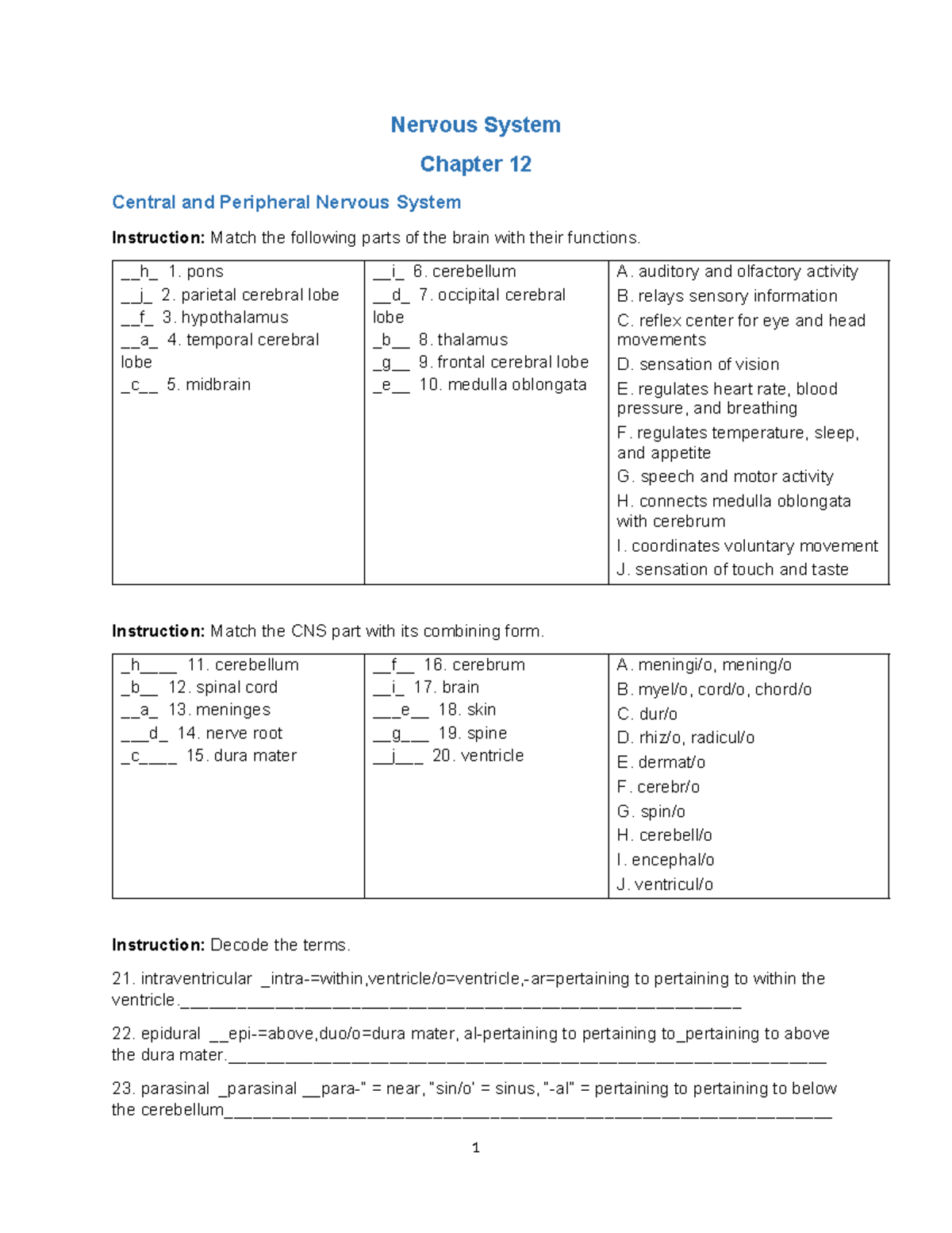AHP105 Wk5 Assignment - N/A - Nervous System Chapter 12 Central and ...