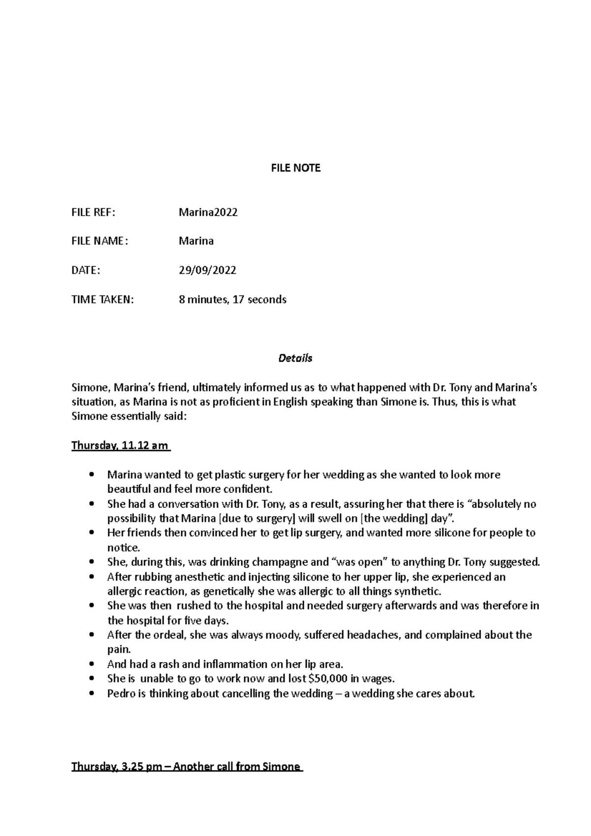 File Note - Assessment 2 - FILE NOTE FILE REF: Marina FILE NAME: Marina ...