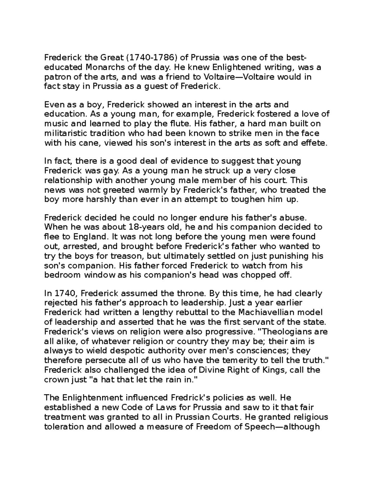 Enlightened monarchs - notes - Frederick the Great (1740-1786) of ...