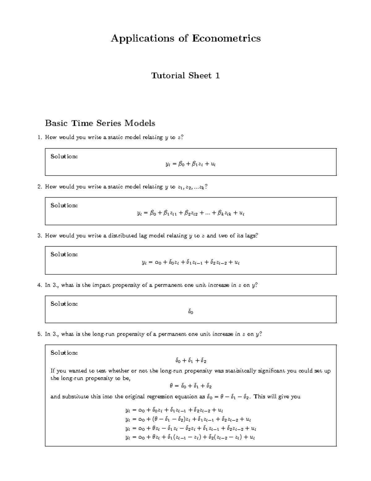 Example exercise 7+ solution - Applications of Econometrics Tutorial Sheet 1 Basic Time Series ...