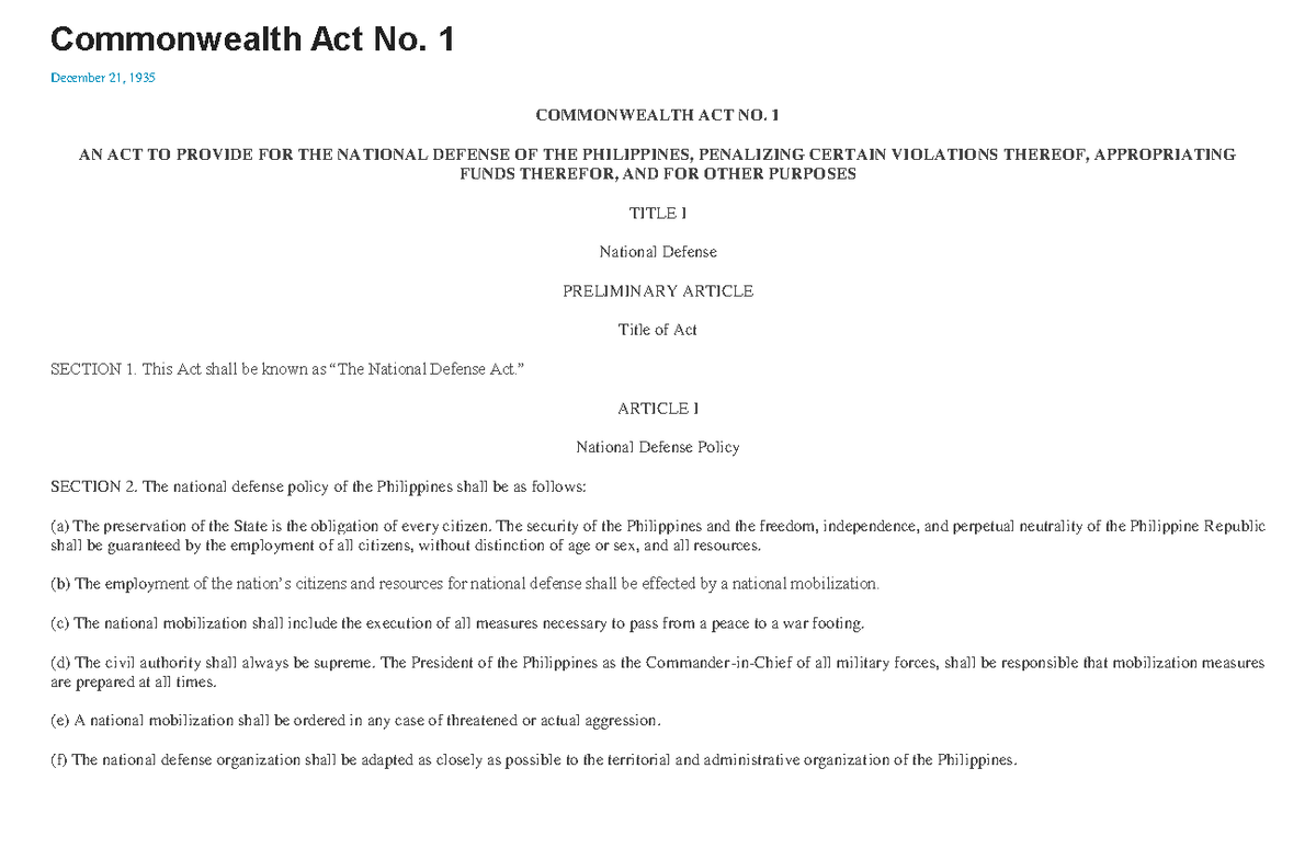 Commonwealth Act No All About The National Defense Commonwealth Act