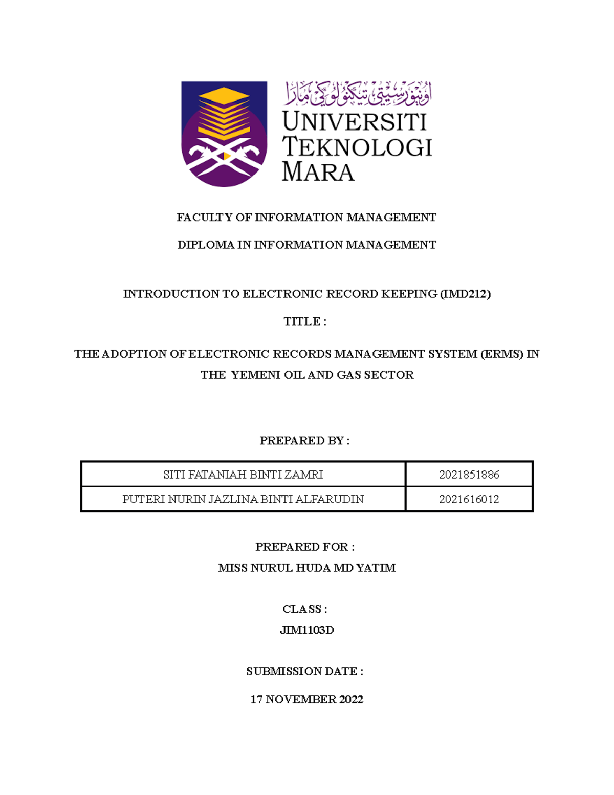 IMD212 PAIR Assessment - FACULTY OF INFORMATION MANAGEMENT DIPLOMA IN ...