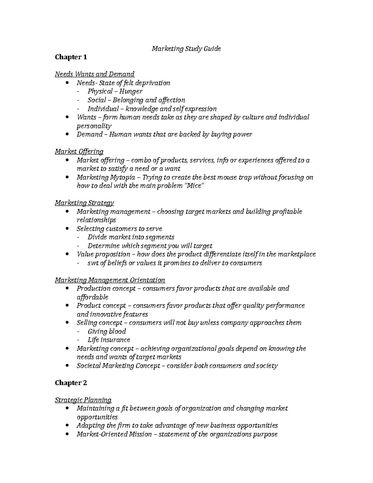 Marketing Study Guide test 1 - Marketing Study Guide Chapter 1 Needs ...