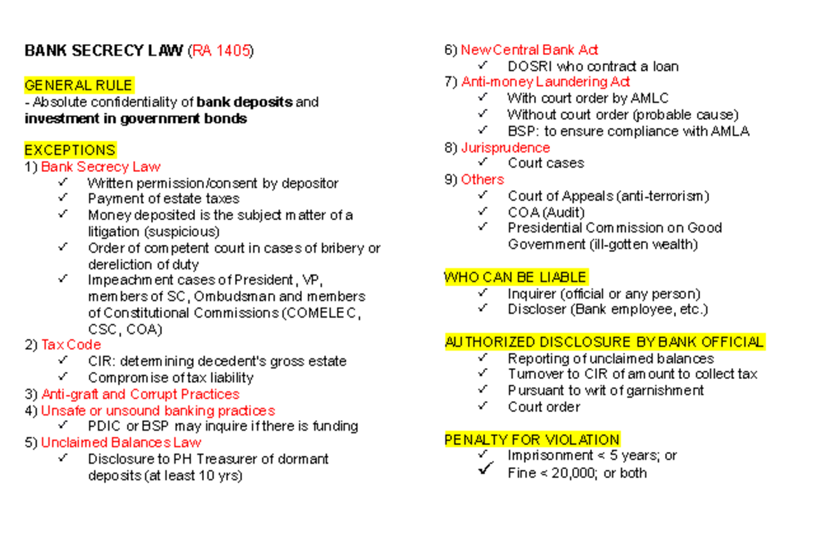 Bank Secrecy - BANK SECRECY LAW (RA 1405) GENERAL RULE Absolute ...