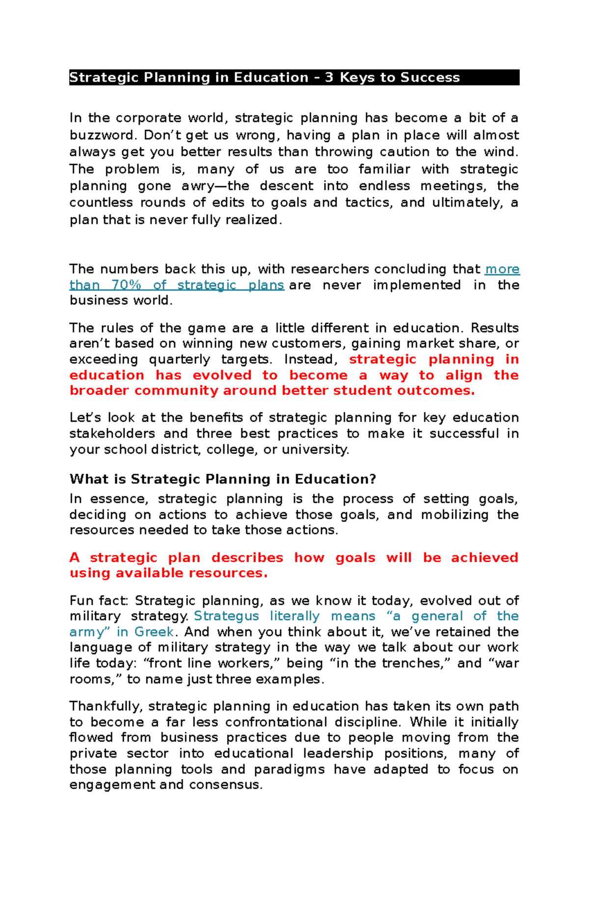 208 report 1 - lecture note - Strategic Planning in Education – 3 Keys ...