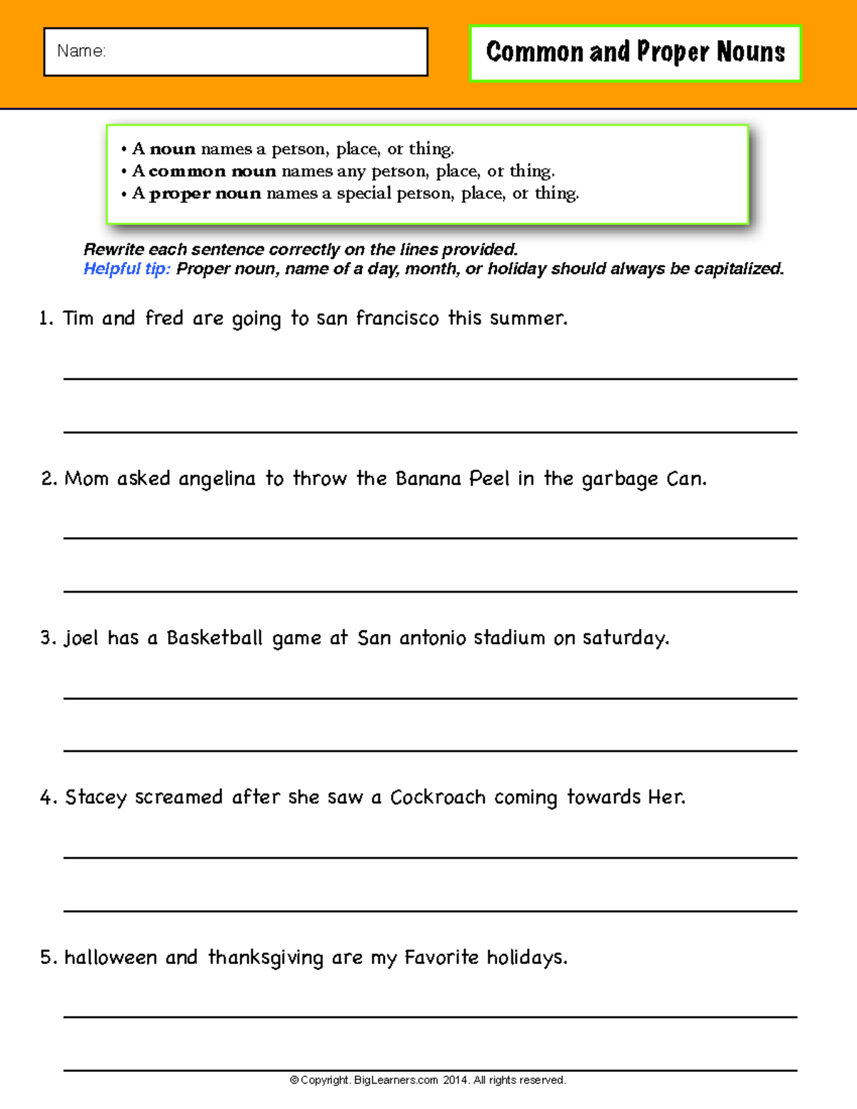 Grade 3 Nouns Worksheet - Name: Common and Proper Nouns - •A A noun ...