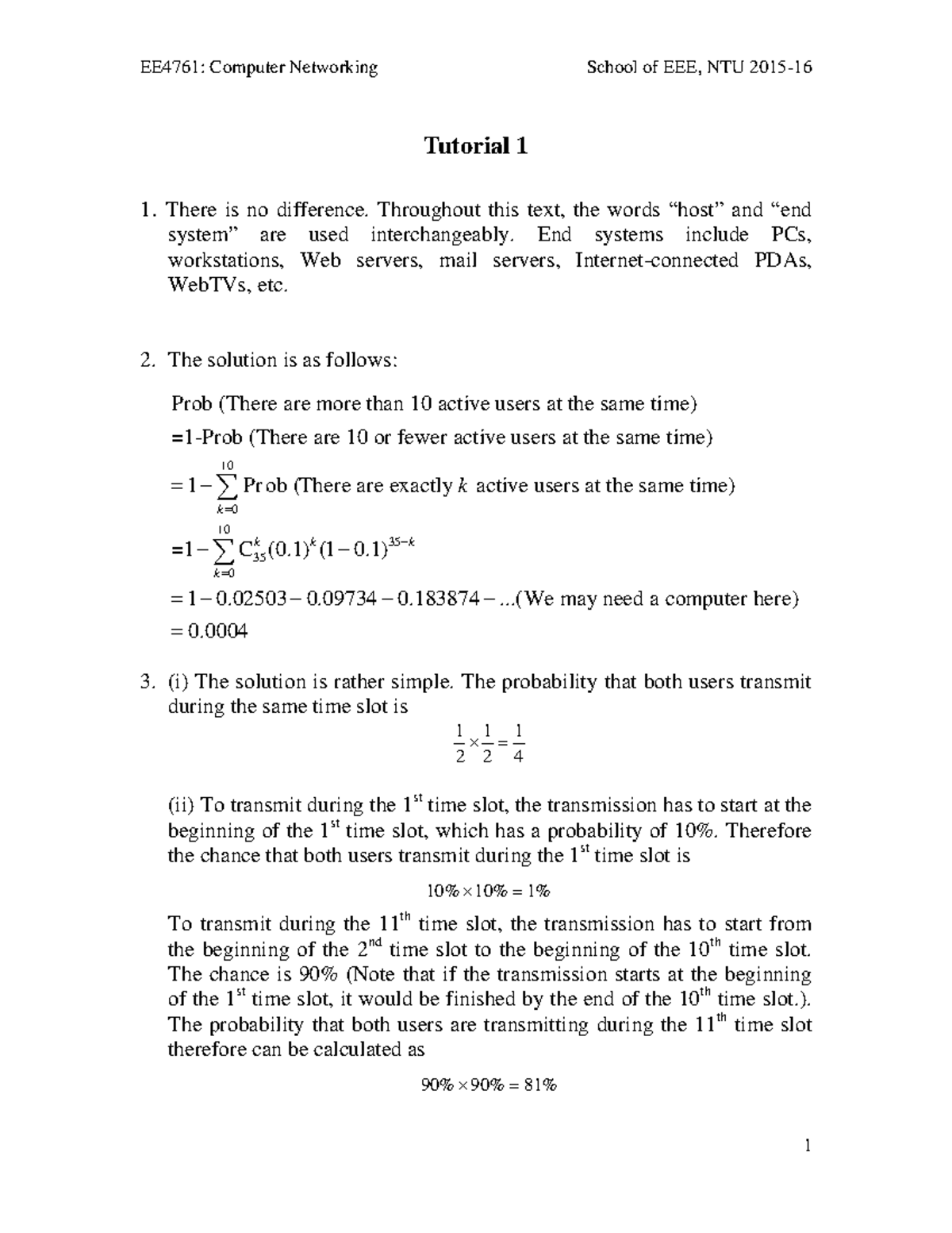 Tutorial Solutions Week 2 - EE4761: Computer Networking School of EEE ...