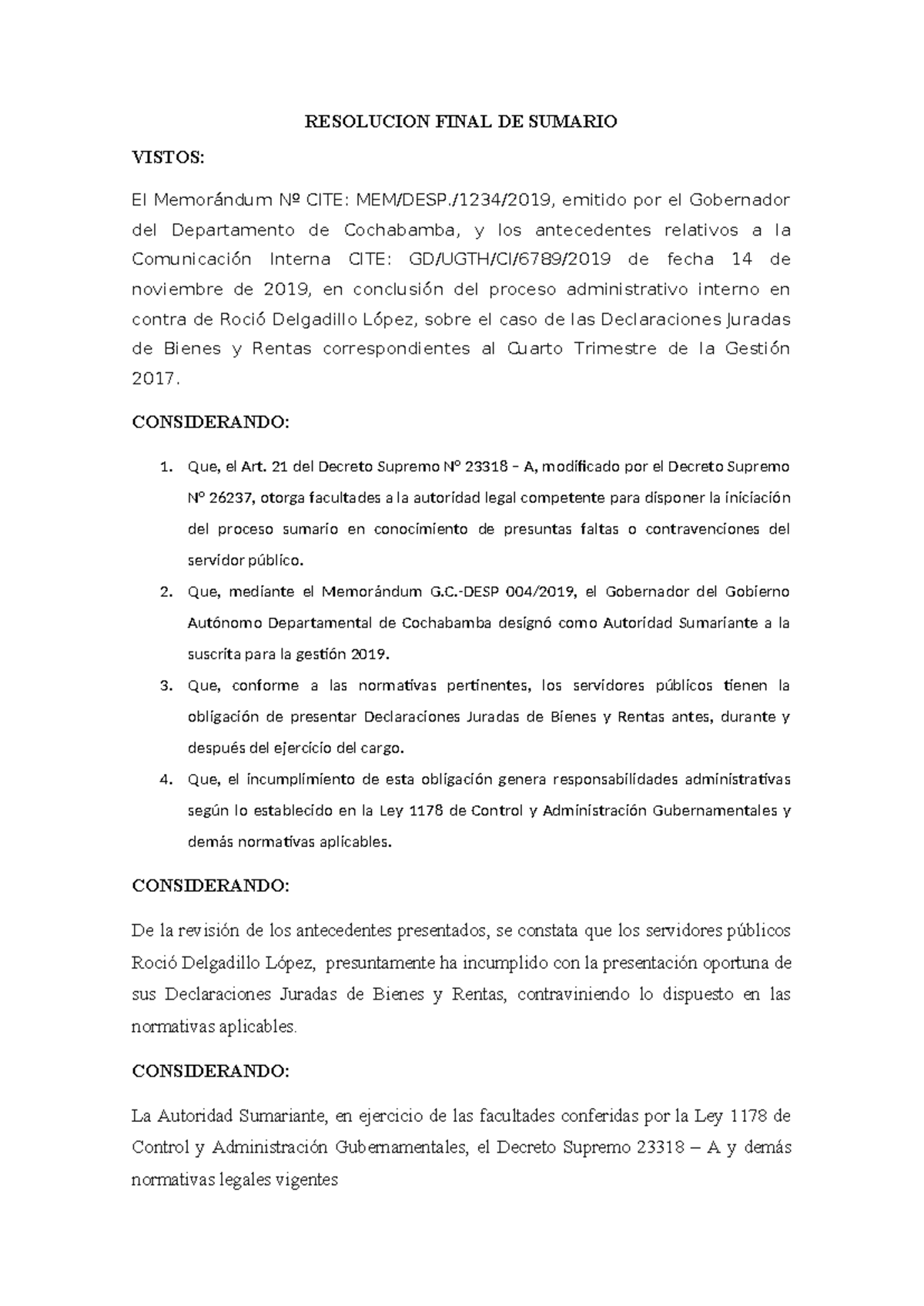 Resolucion Final DE Sumario - RESOLUCION FINAL DE SUMARIO VISTOS: El ...