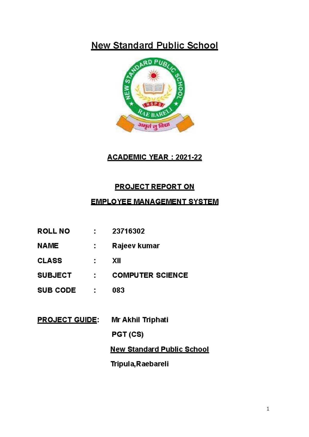Project Report on Employee Management System - 1 New Standard Public ...