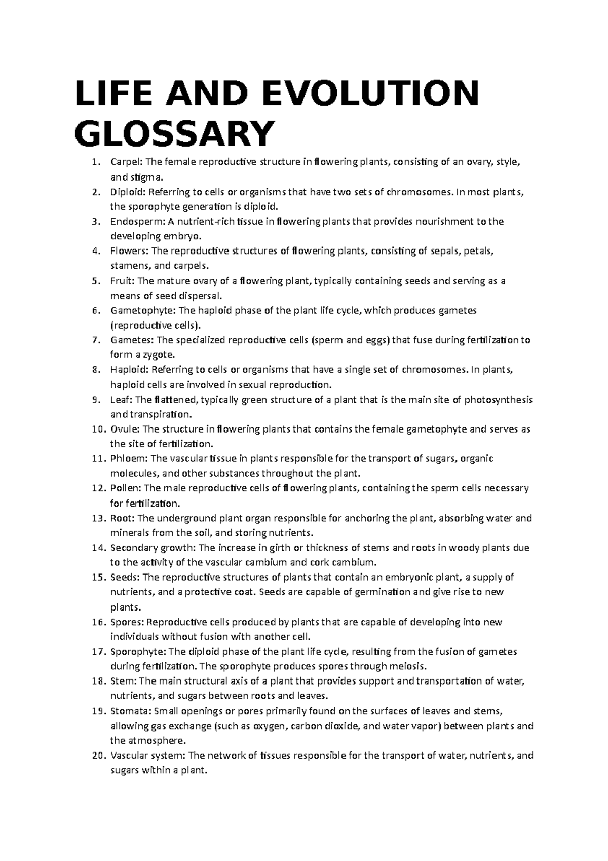 LIFE AND Evolution Glossary - LIFE AND EVOLUTION GLOSSARY Carpel: The female reproduc琀椀ve ...