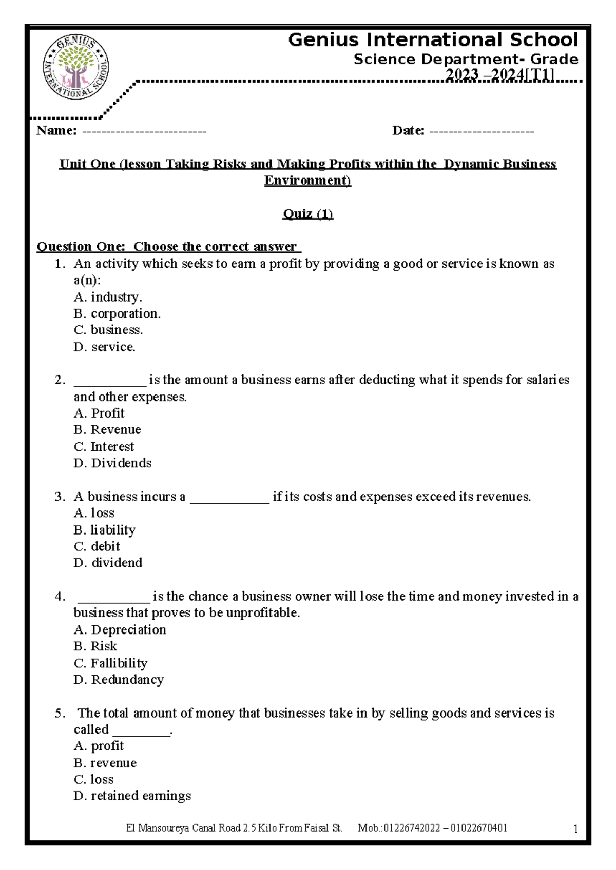 Quiz one business T1 - Quiz - 2023 –2024[T1] Genius International ...