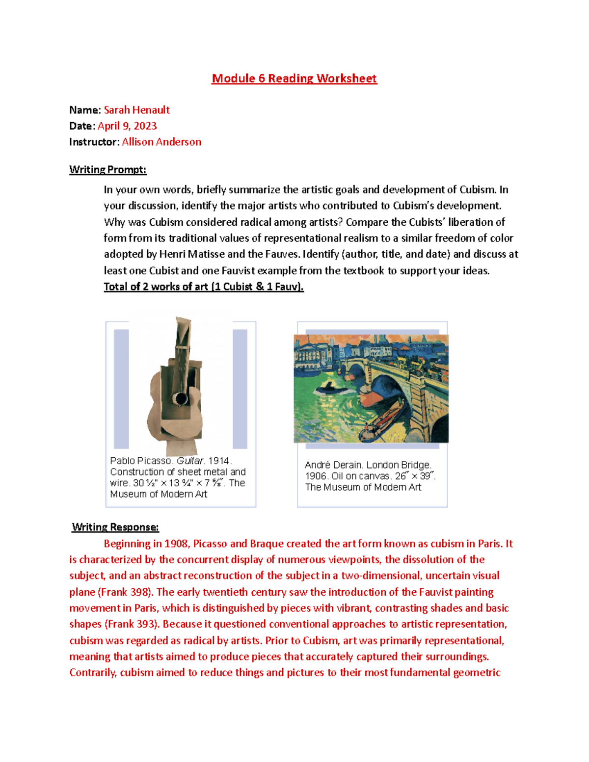 Sarah Henault - Art Appreciation Module 6 Reading Worksheet - ART 202 ...