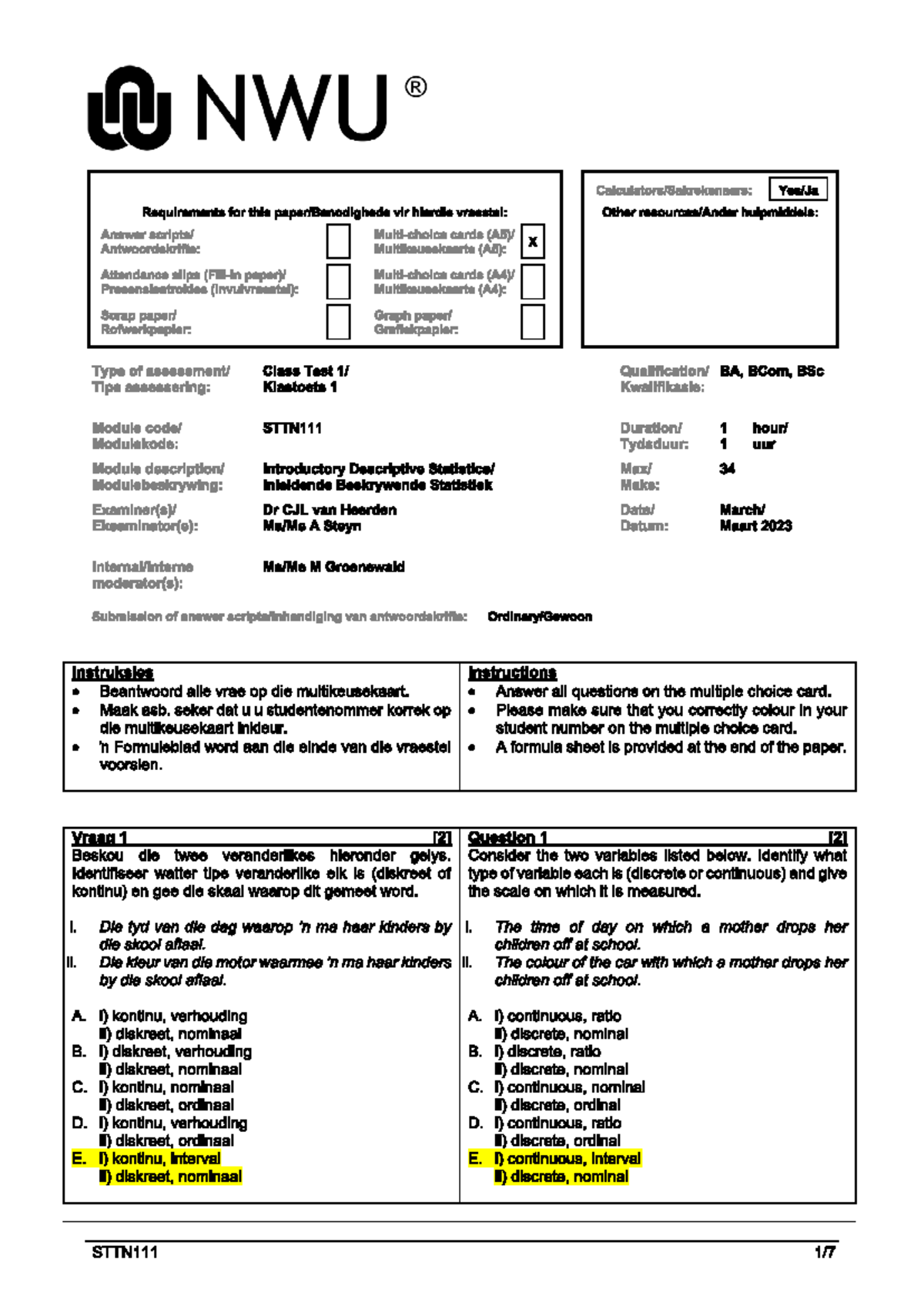 STTN111 2023 Class Test 1 MEMO - n NWU R Calculators/Sakrekenaars: Yes ...