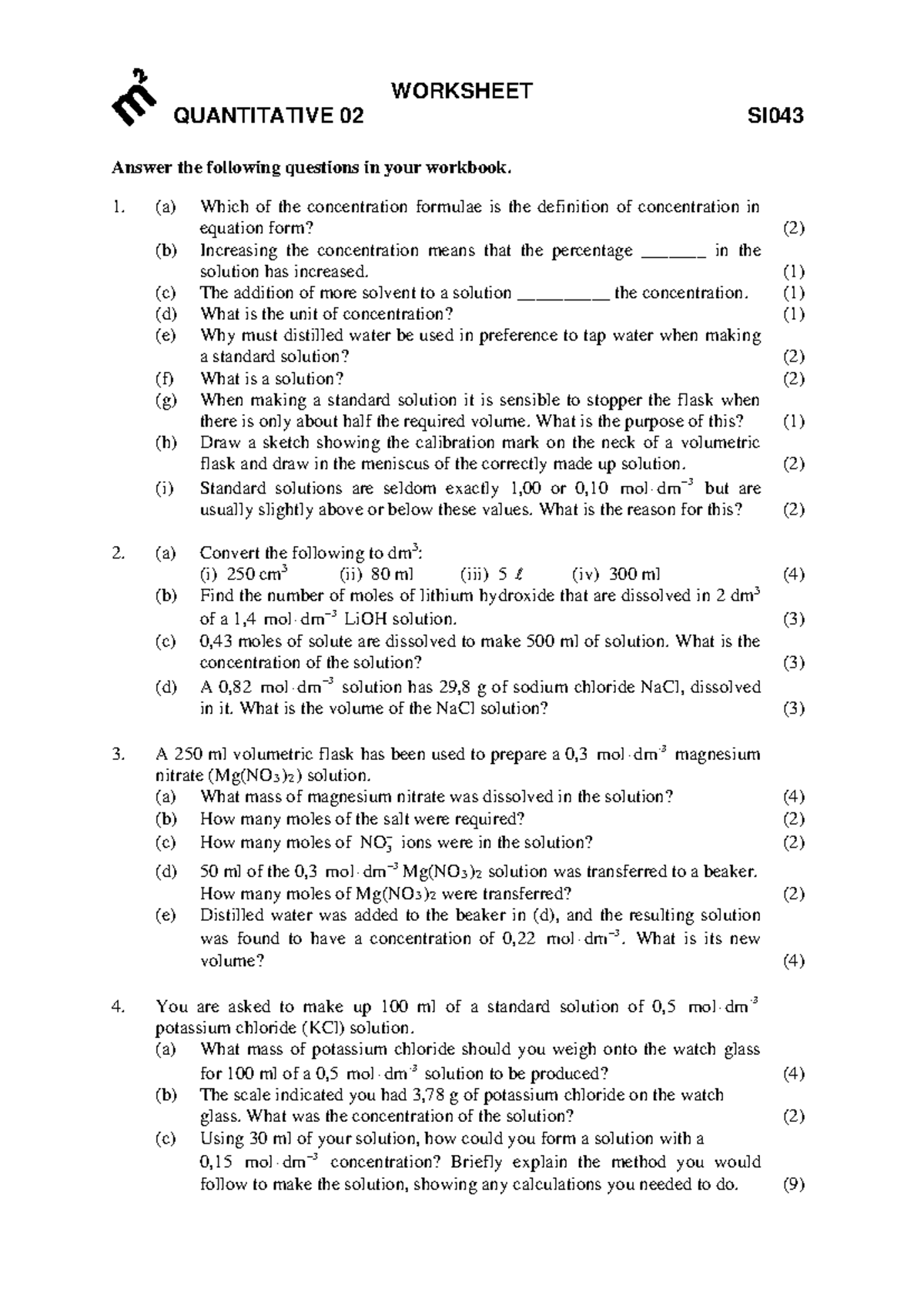 SI043 W Quantitative 02 - WORKSHEET QUANTITATIVE 02 SI Answer the ...
