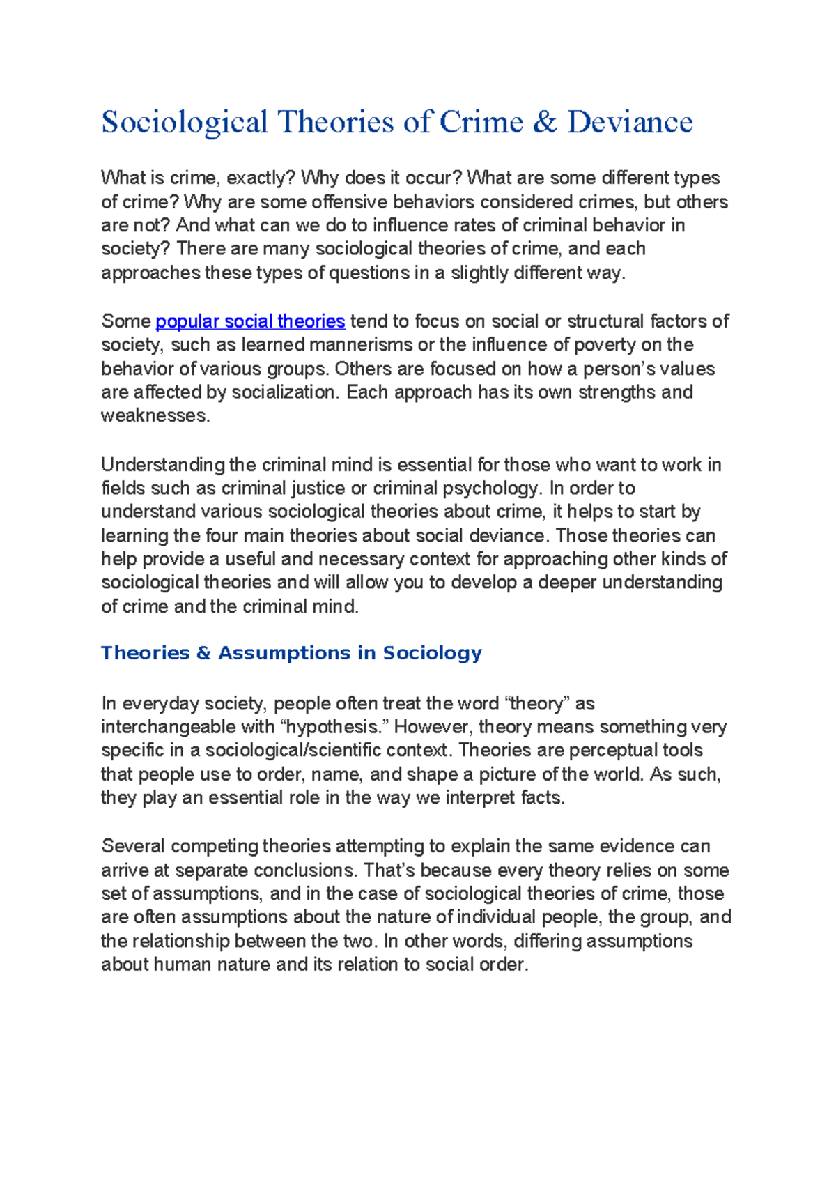 Sociological Theories of Crime - Some popular social theories tend to ...