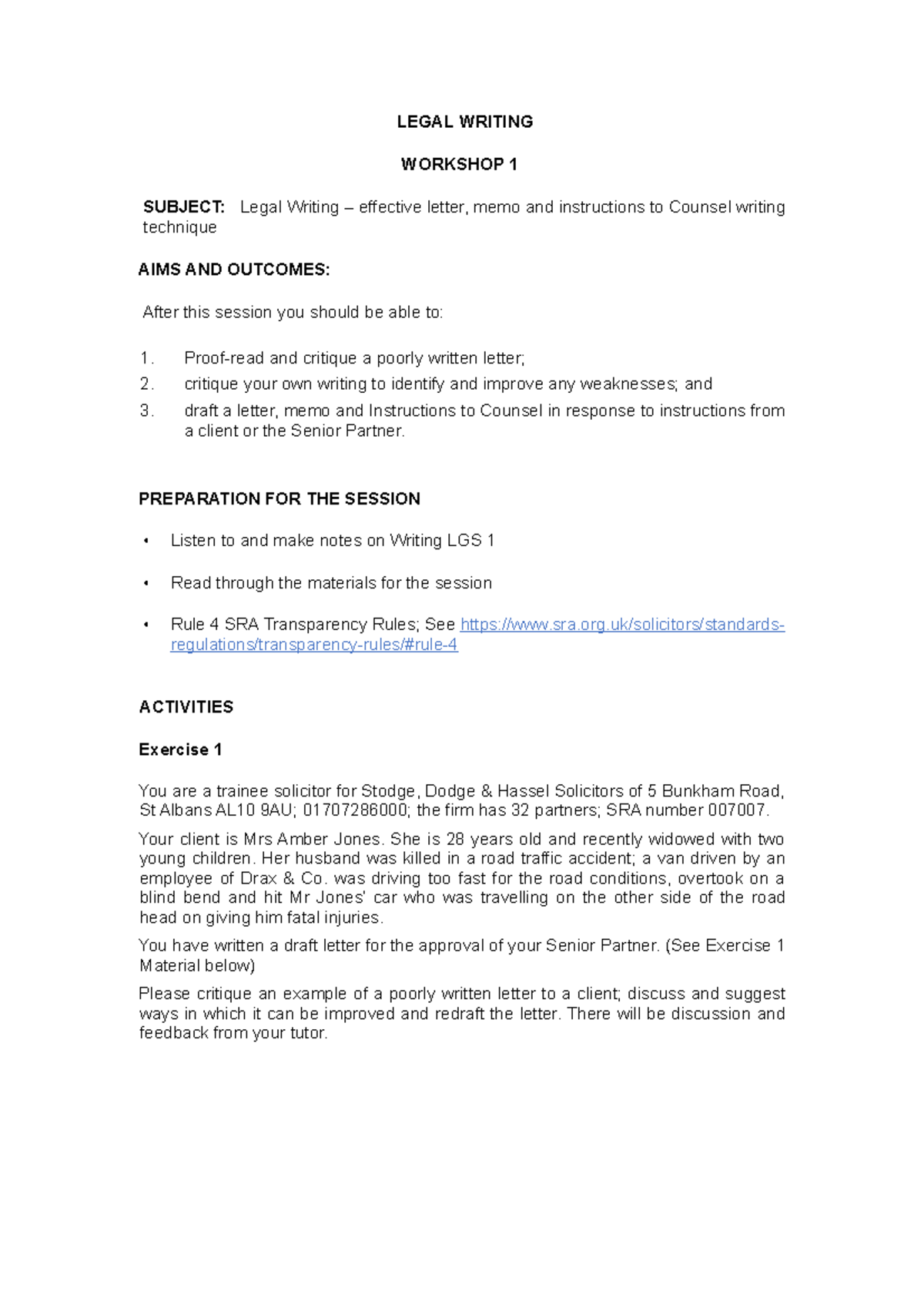 Legal Writing Workshop 2020 2021 - LEGAL WRITING WORKSHOP 1 SUBJECT ...